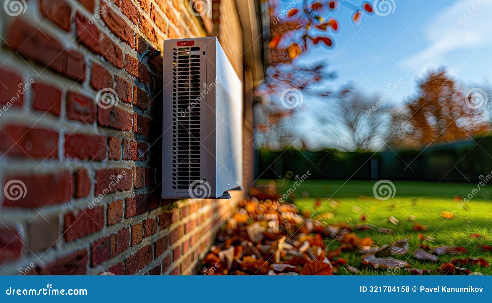 A Wall-Mounted Air Conditioner on a Brick Wall with Autumn Leaves Stock ...