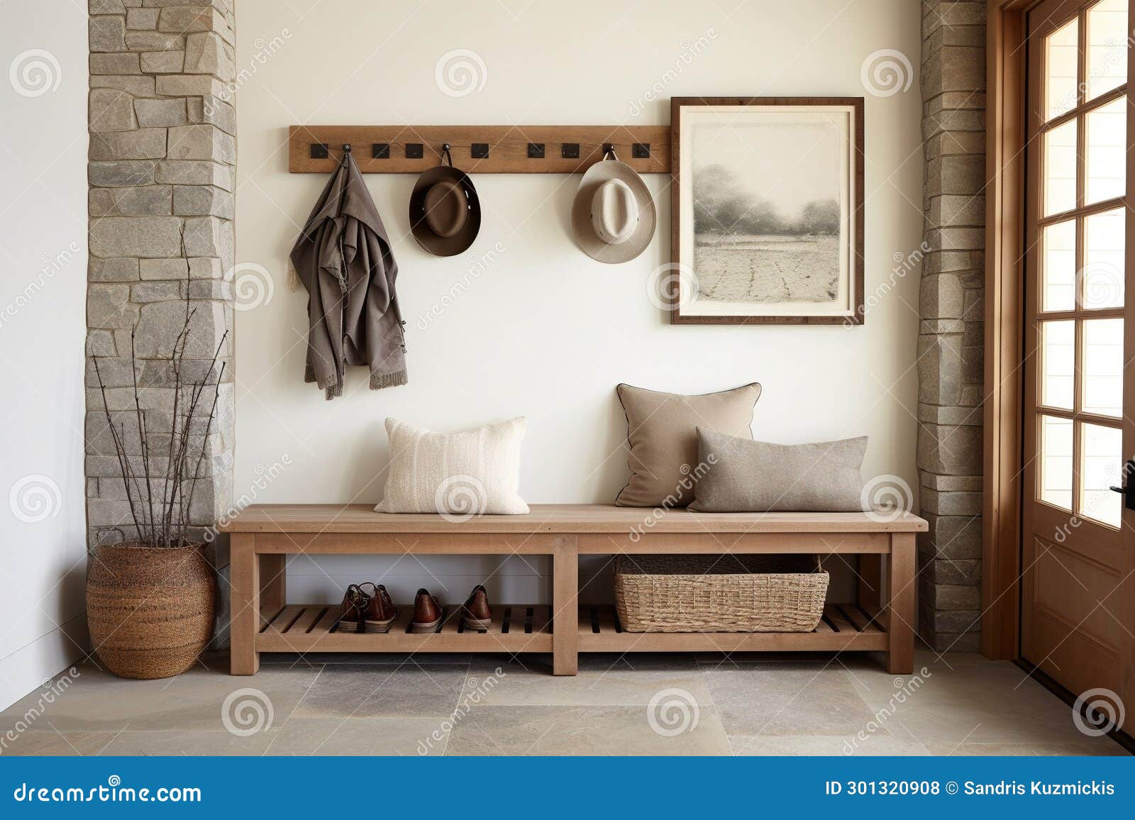 Wall-mounted Coat Rack Above Bench. Generative AI Stock Photo - Image ...