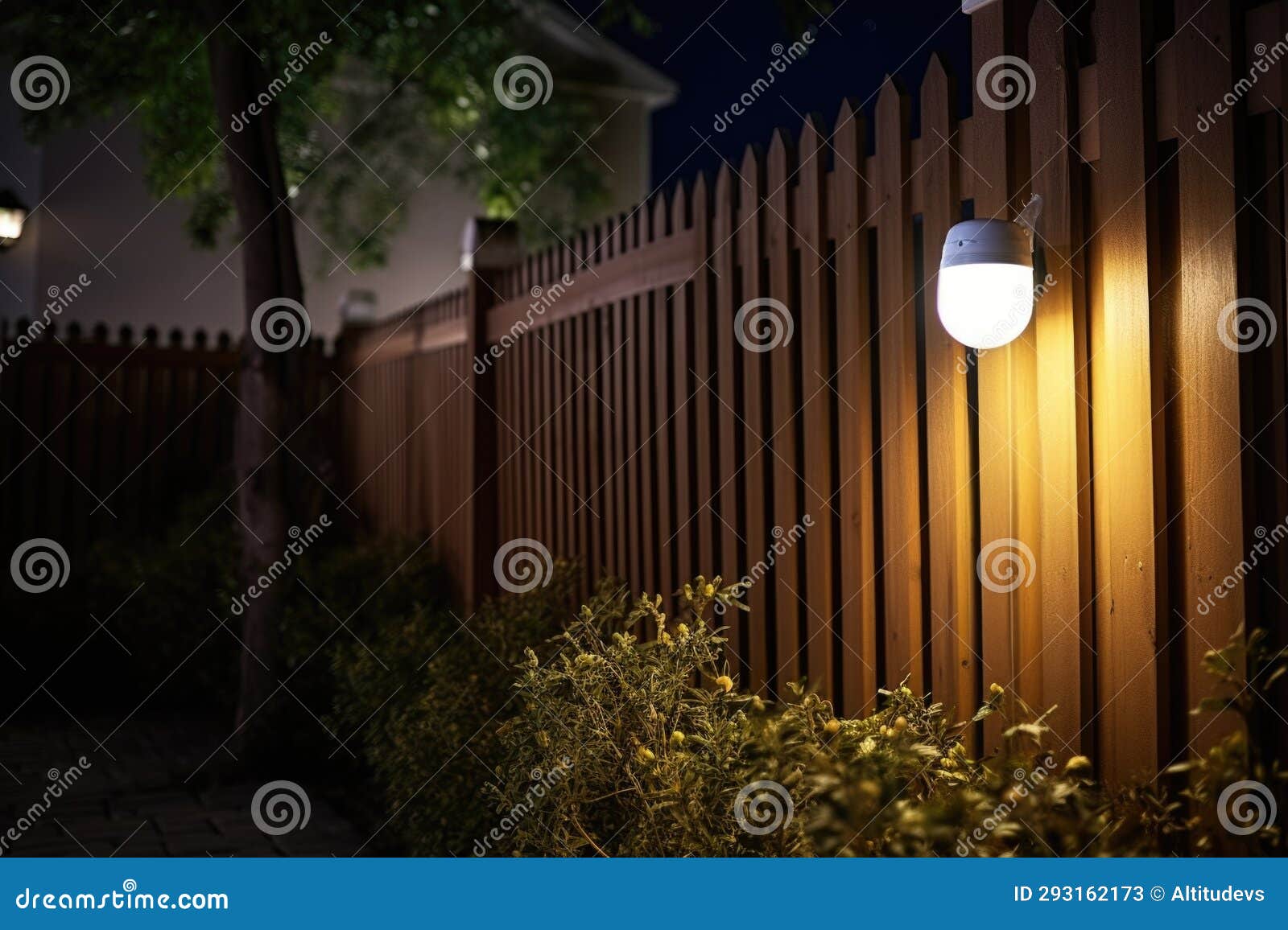 Wall-mounted Motion Sensor Light Near a Backyard Gate Stock Image ...