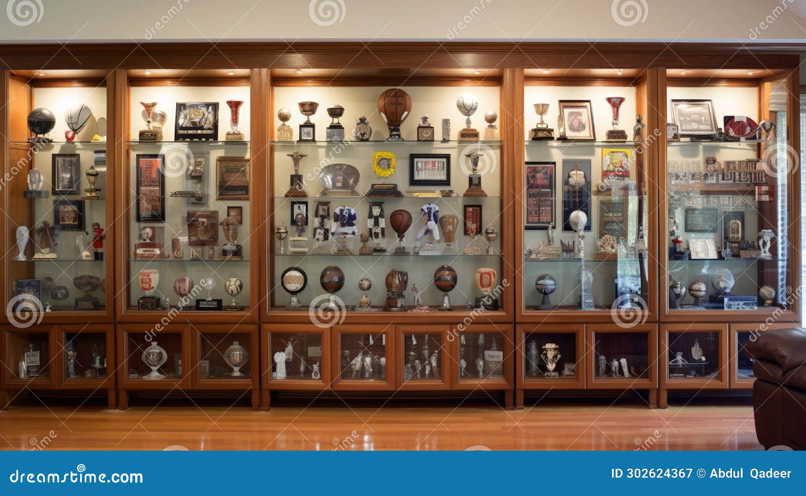A Wall-mounted Trophy Case Featuring Numerous Accolades, Statuettes ...