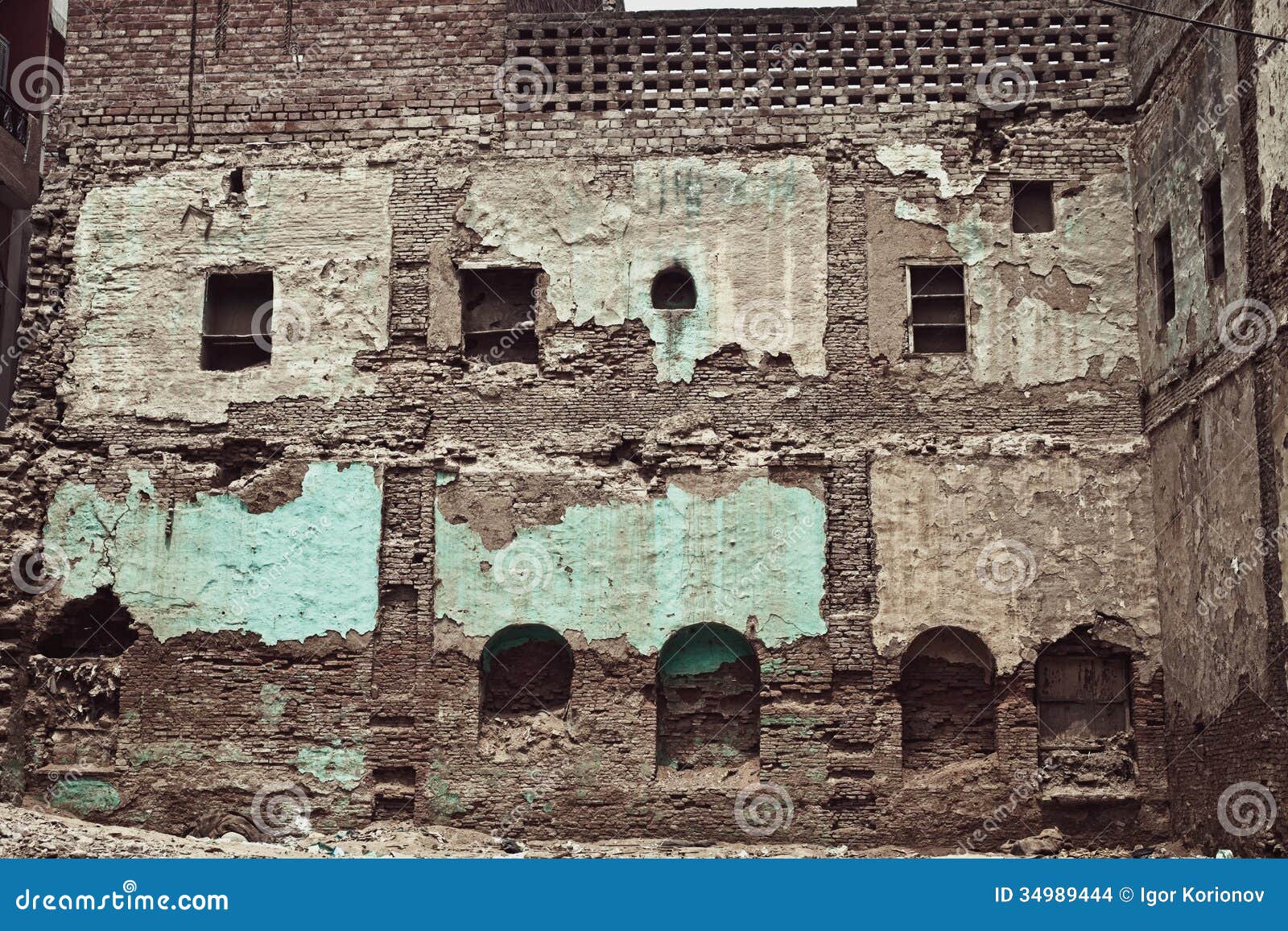 Ruined Red Brick Building Destroyed By Earthquake Or Tornado Or War Or ...