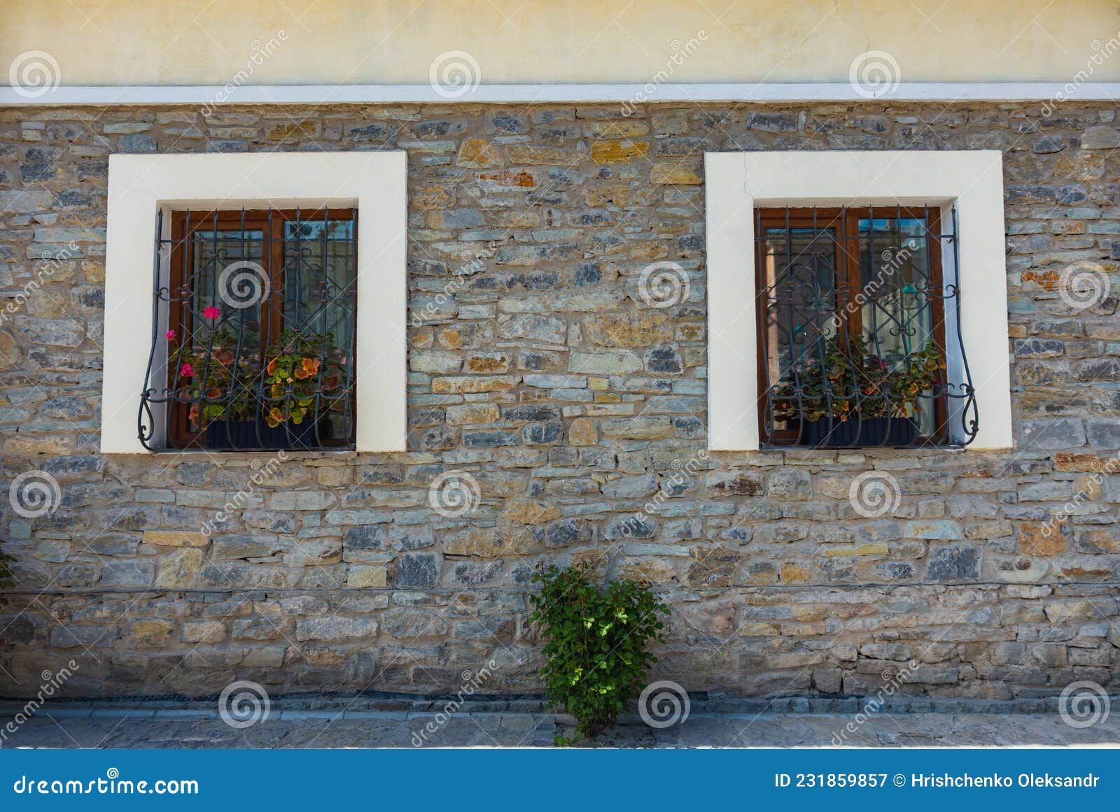 The Wall of the Old Stone House with Two Windows Stock Image - Image of ...
