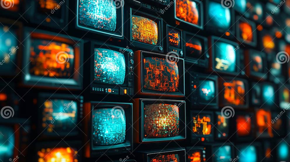 A Wall of Old Tvs with Many Different Colored Screens Stock Photo ...