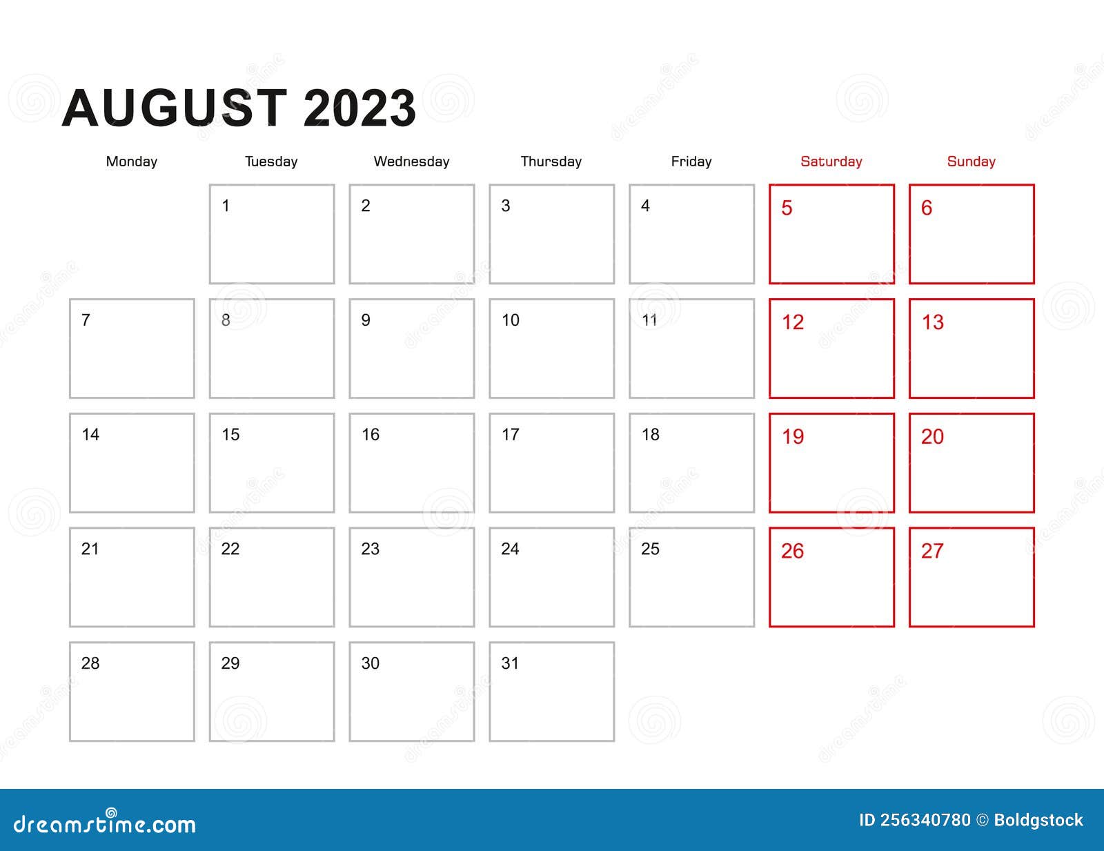 Wall Planner for August 2023 in English Language, Week Starts in Monday ...