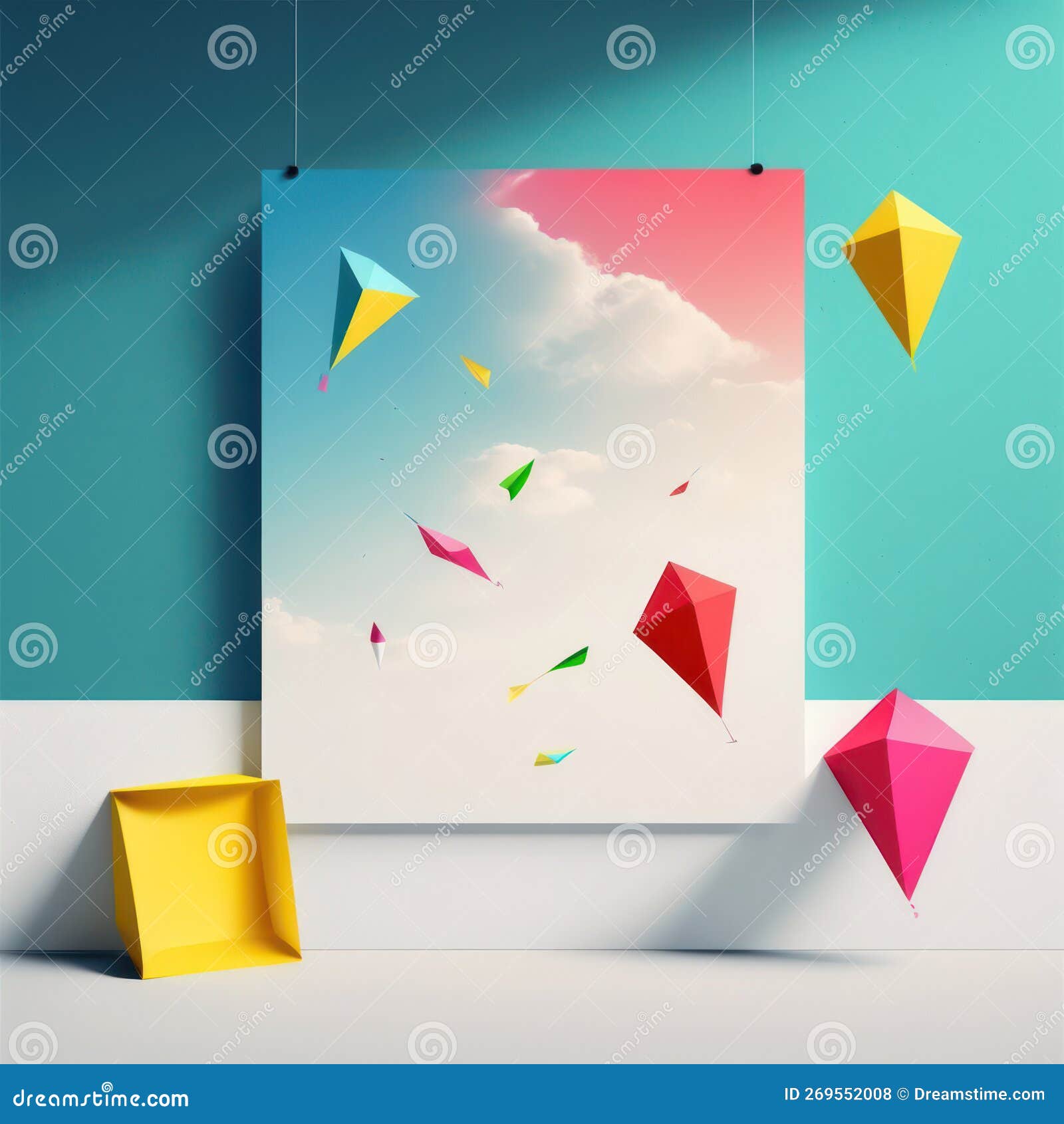 Wall Poster Mockup Brightly Colored Kites in a Windy Sky AI Generation ...