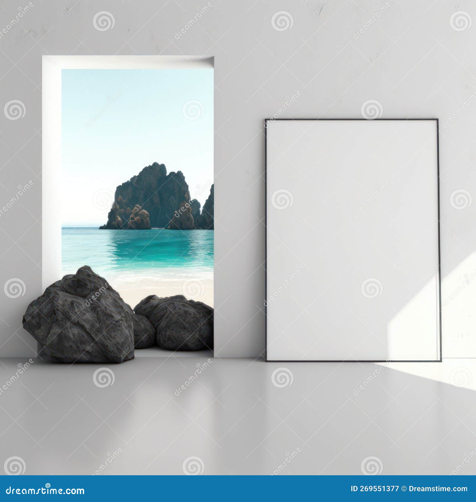 Wall Poster Mockup Ocean and Rocks AI Generation Stock Illustration ...