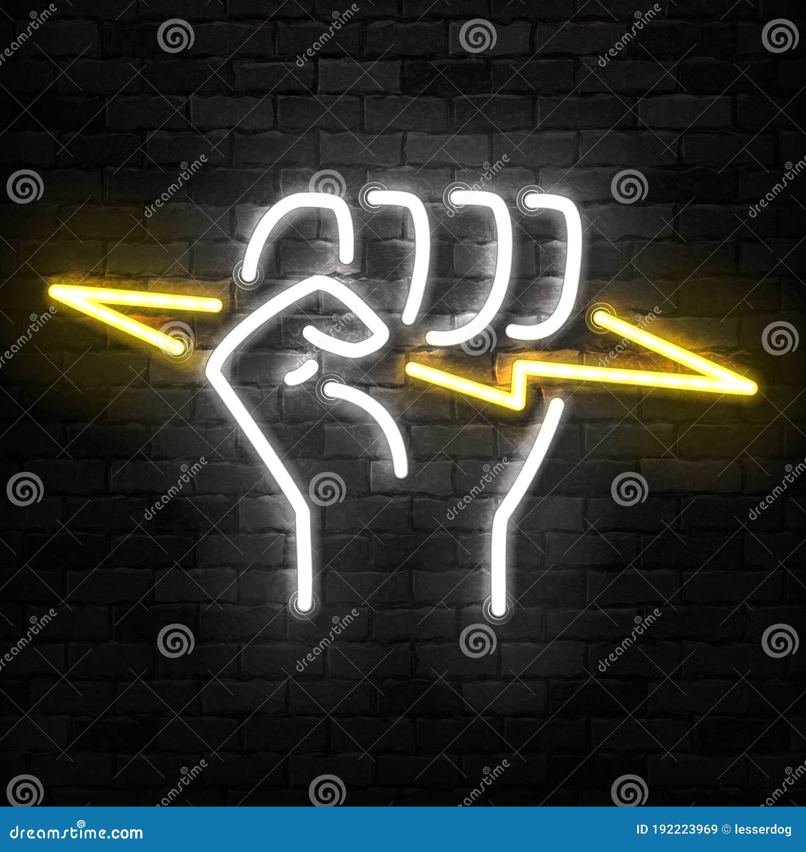 Vector Realistic Isolated Neon Sign of Fist Holding a Lightning Logo ...