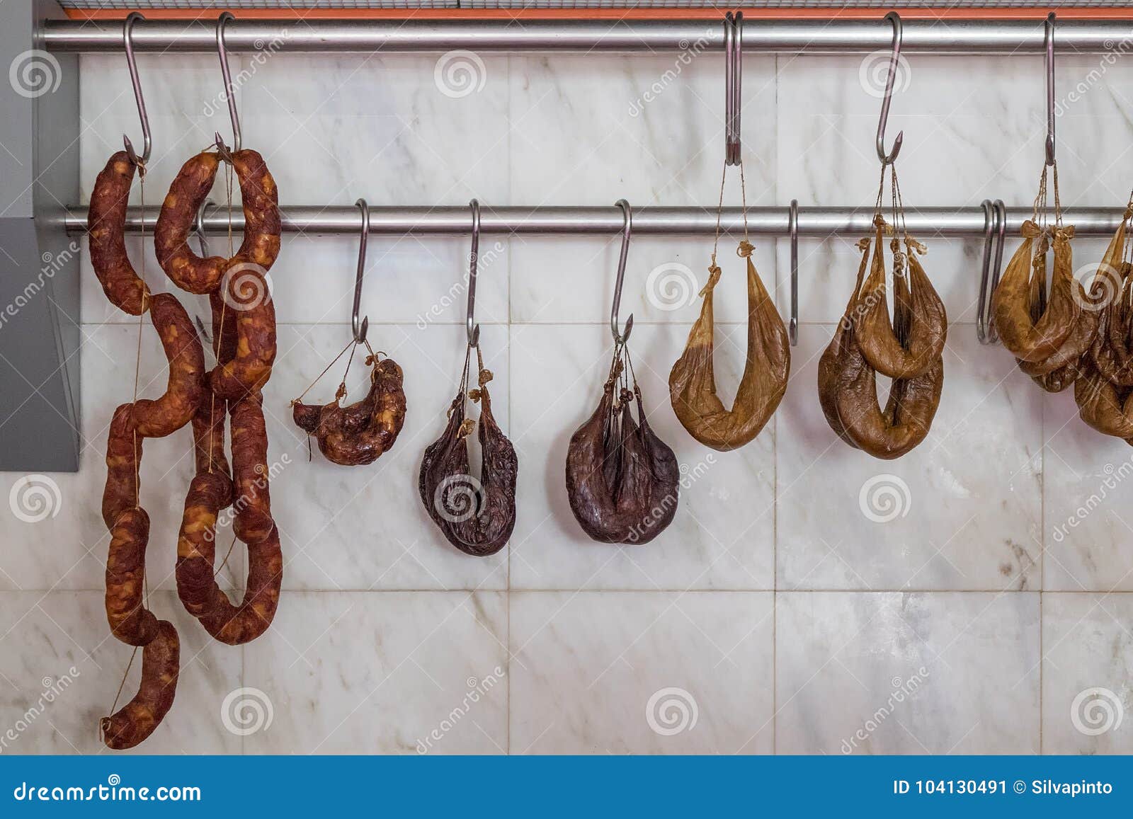 Wall of Sausages in Butcher. Stock Image - Image of fluffy, light ...