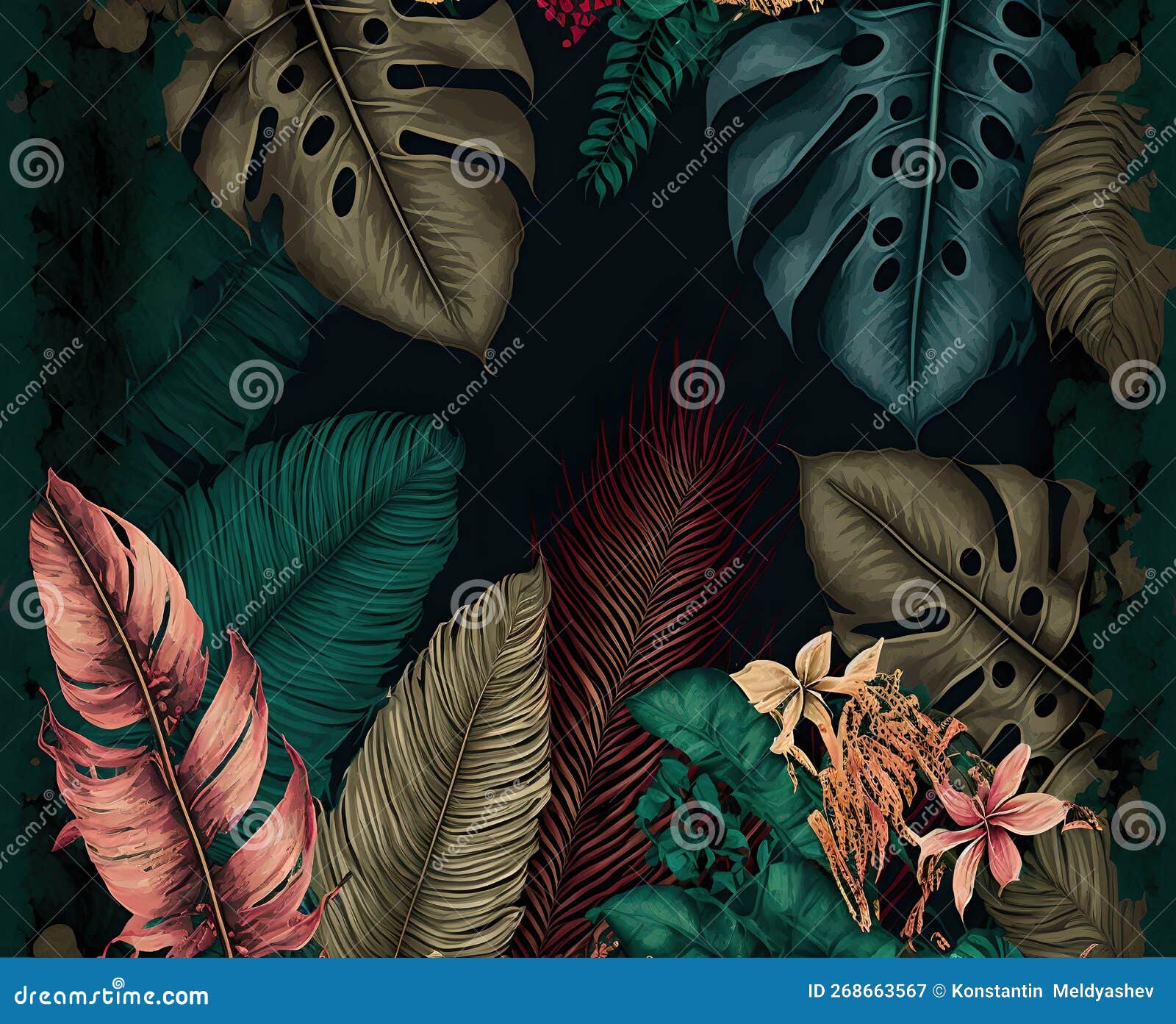 Wall Seamless Tropical Flower Plant and Leaf Pattern Stock Illustration ...