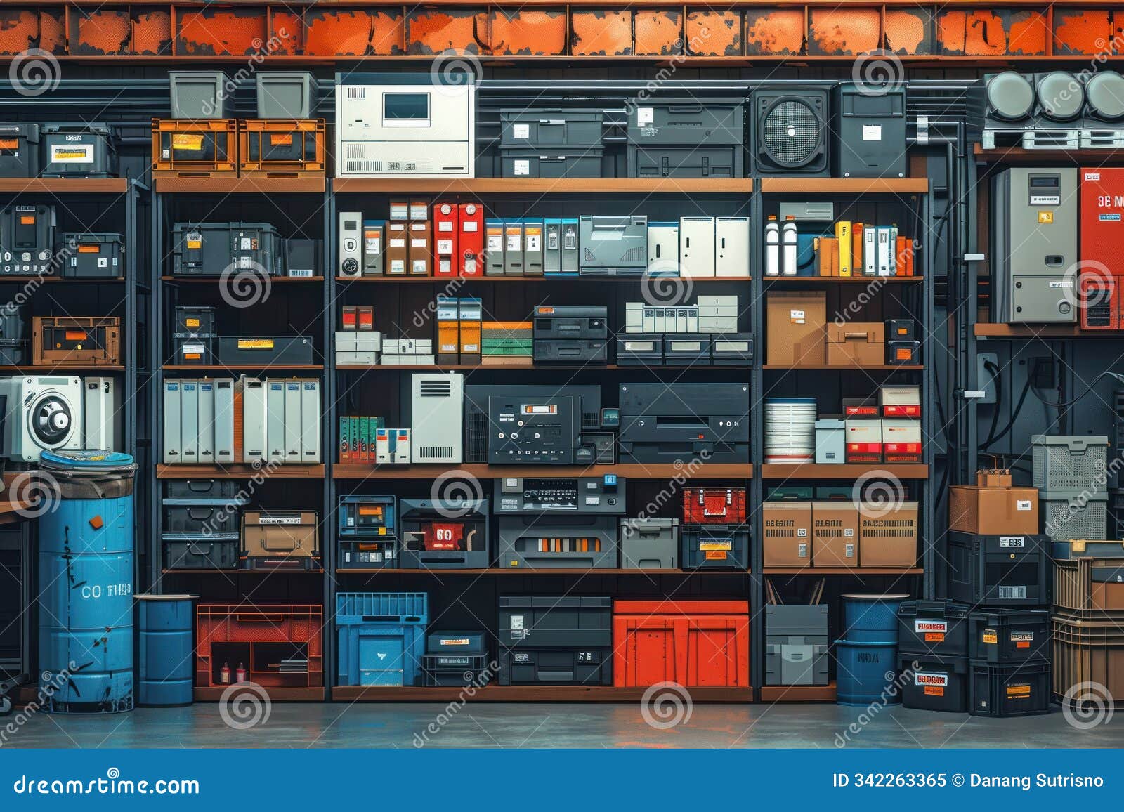 A Wall of Shelves Filled with Old Electronics, Boxes, and Tools in an ...