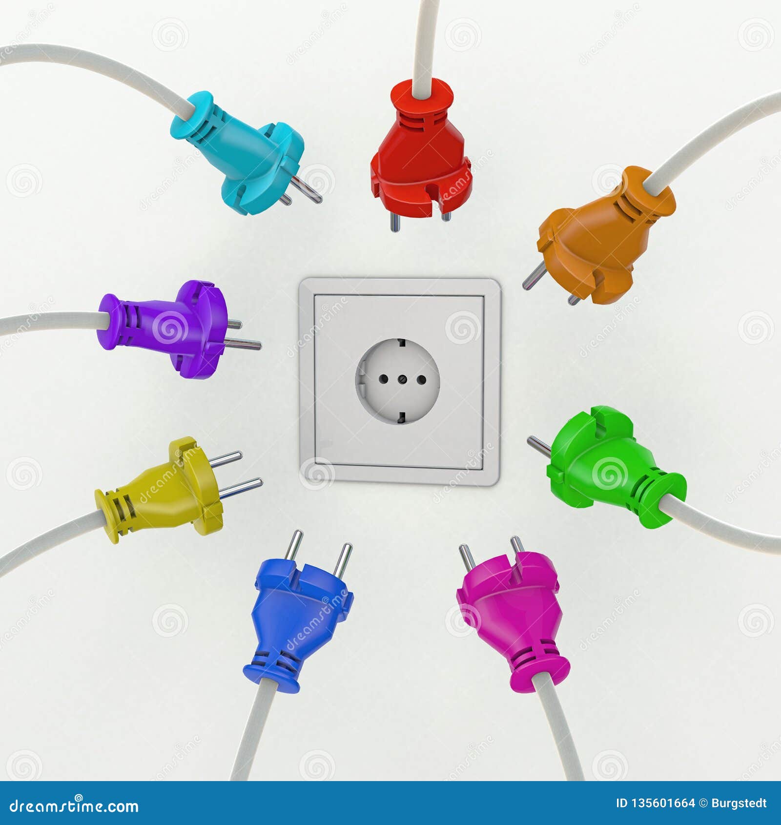 Wall Socket with Many Different Colored European Power Plugs Around it ...