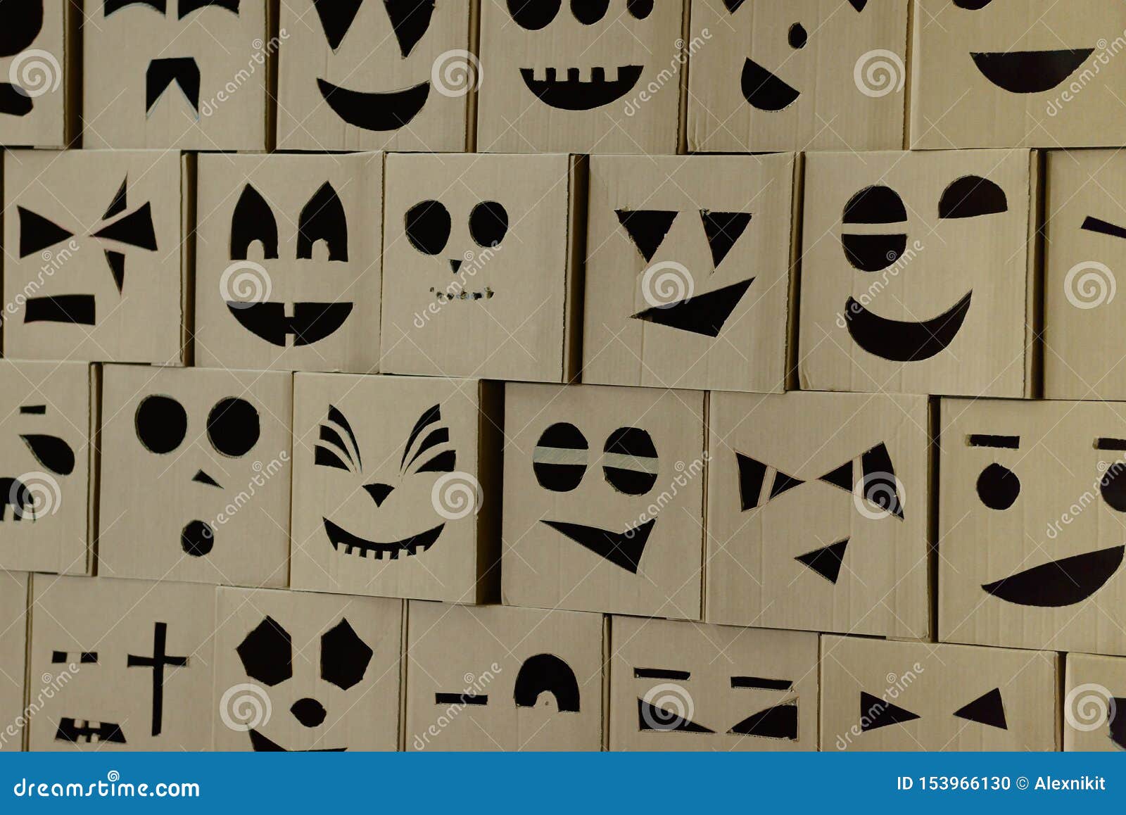 Wall of Square Cardboard Boxes with Faces Stock Photo - Image of cubic ...