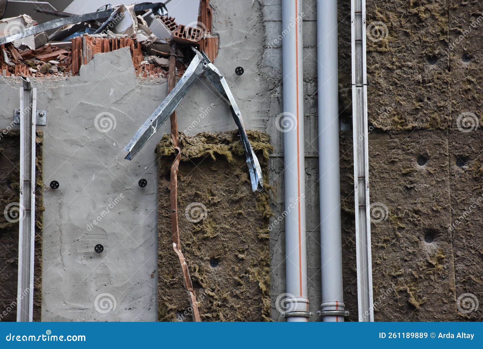 Wall Surface of a Collapsed Building and Worn Insulation Material and ...