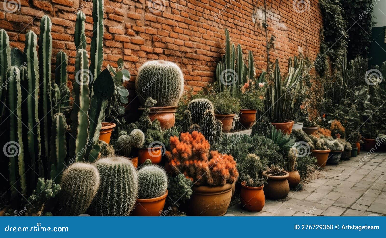 Wall of Thick Cactus Plants Against a Painted Brick Wall for Privacy ...