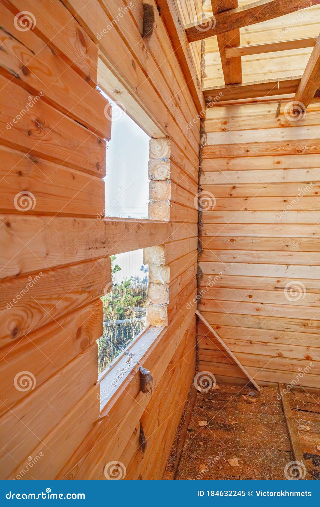 Wall from Timber with Window of Unfinished Construction of Wooden House ...