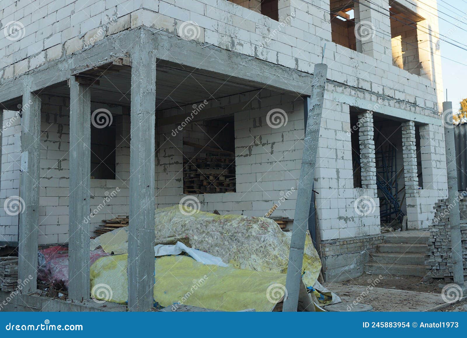 Wall of an Unfinished House of White Bricks Stock Photo - Image of ...
