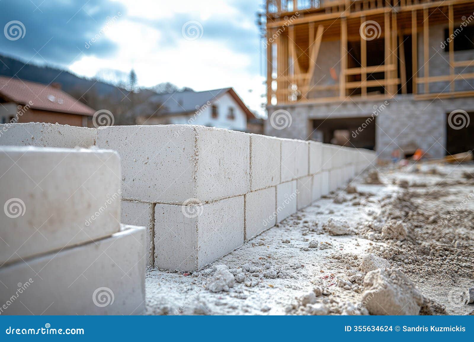 A Wall of White Concrete Blocks is Being Built on the Construction Site ...