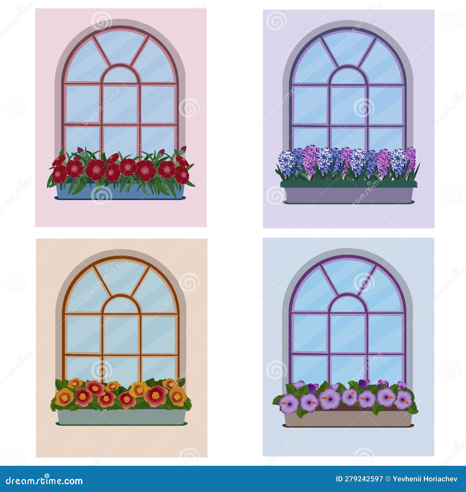 Wall Windows Set with Flower Boxes. Stock Vector - Illustration of blue ...