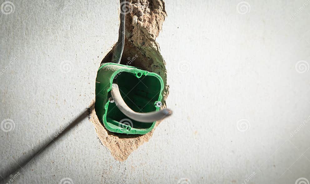 Wall with Wire in Socket Holes. Preparation before Installing Socket ...