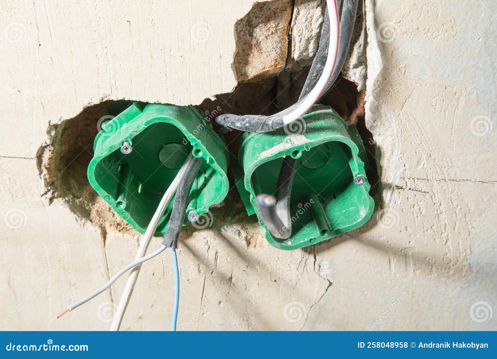 Wall with Wire in Socket Holes. Preparation before Installing Socket ...