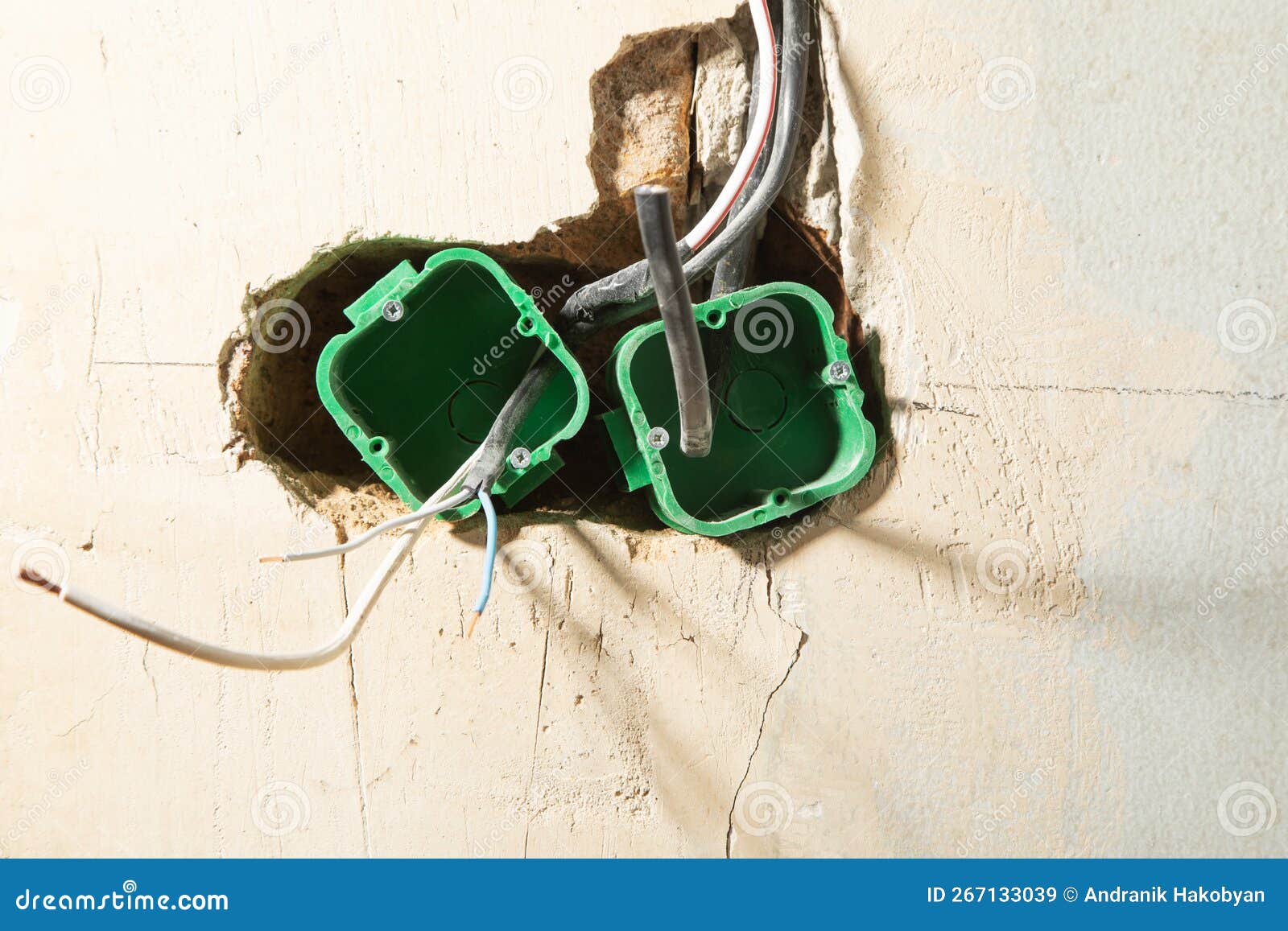 Wall with Wire in Socket Holes. Preparation before Installing Socket ...