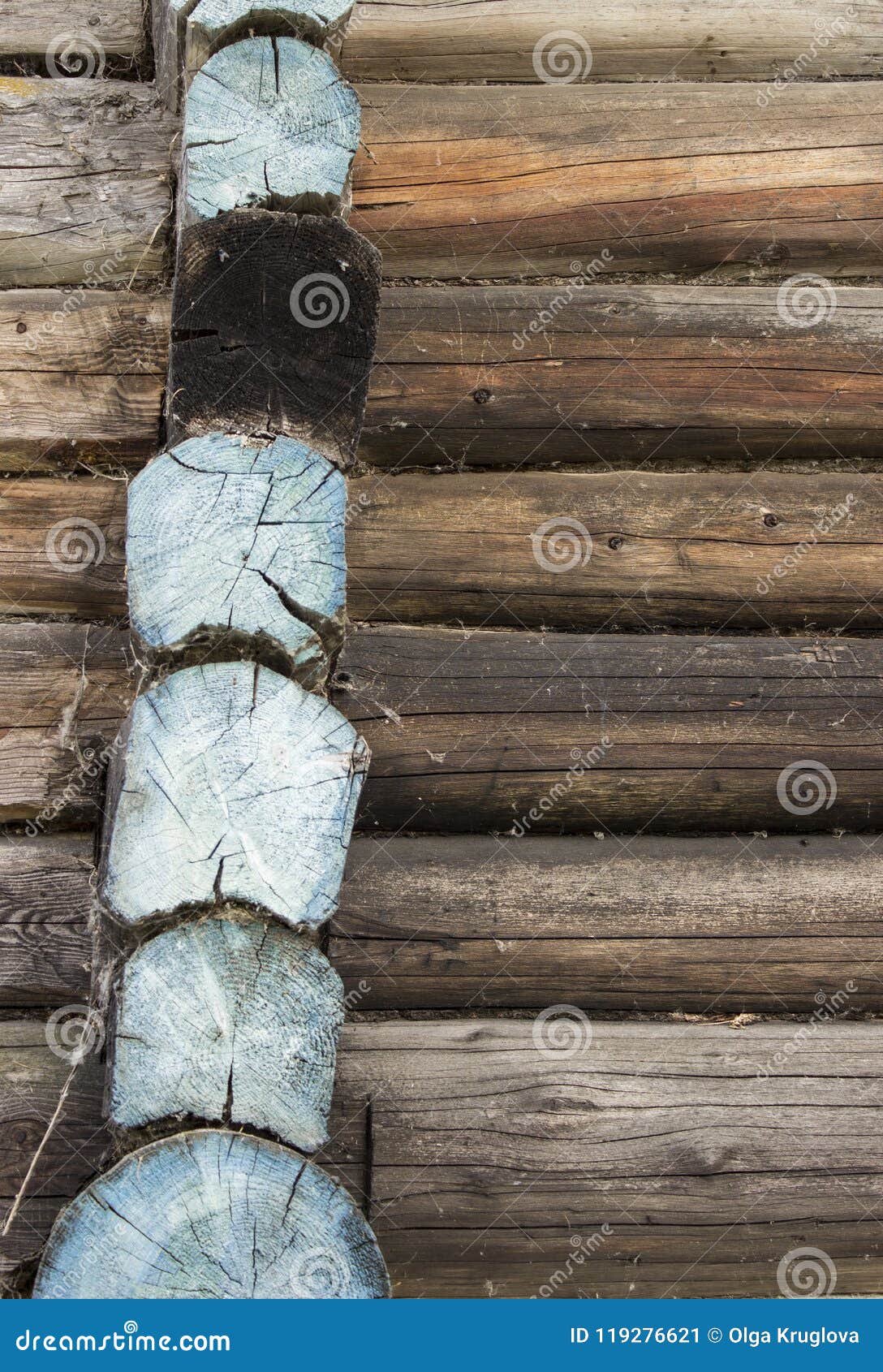 The Wall of a Wooden Barn with Blue Logs Stock Image - Image of dark ...