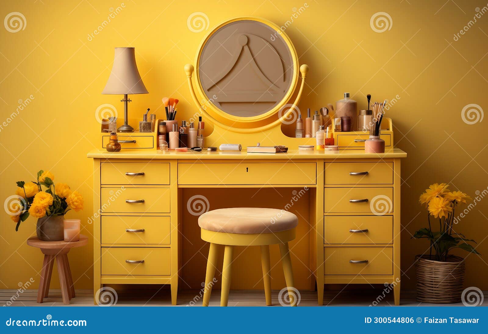 Wall Yellow Background Vanity Table -Generative Ai Stock Illustration ...
