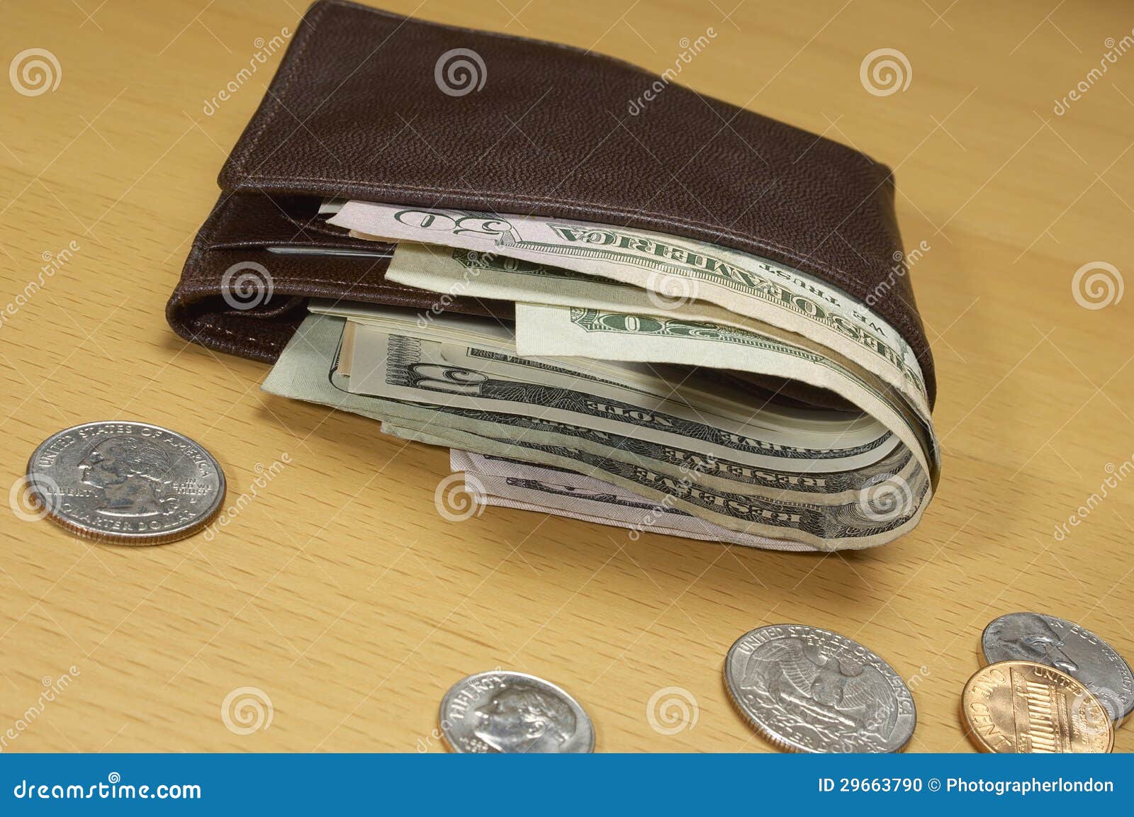 Wallet Full of Money and Coins on Table Stock Photo - Image of purchase ...