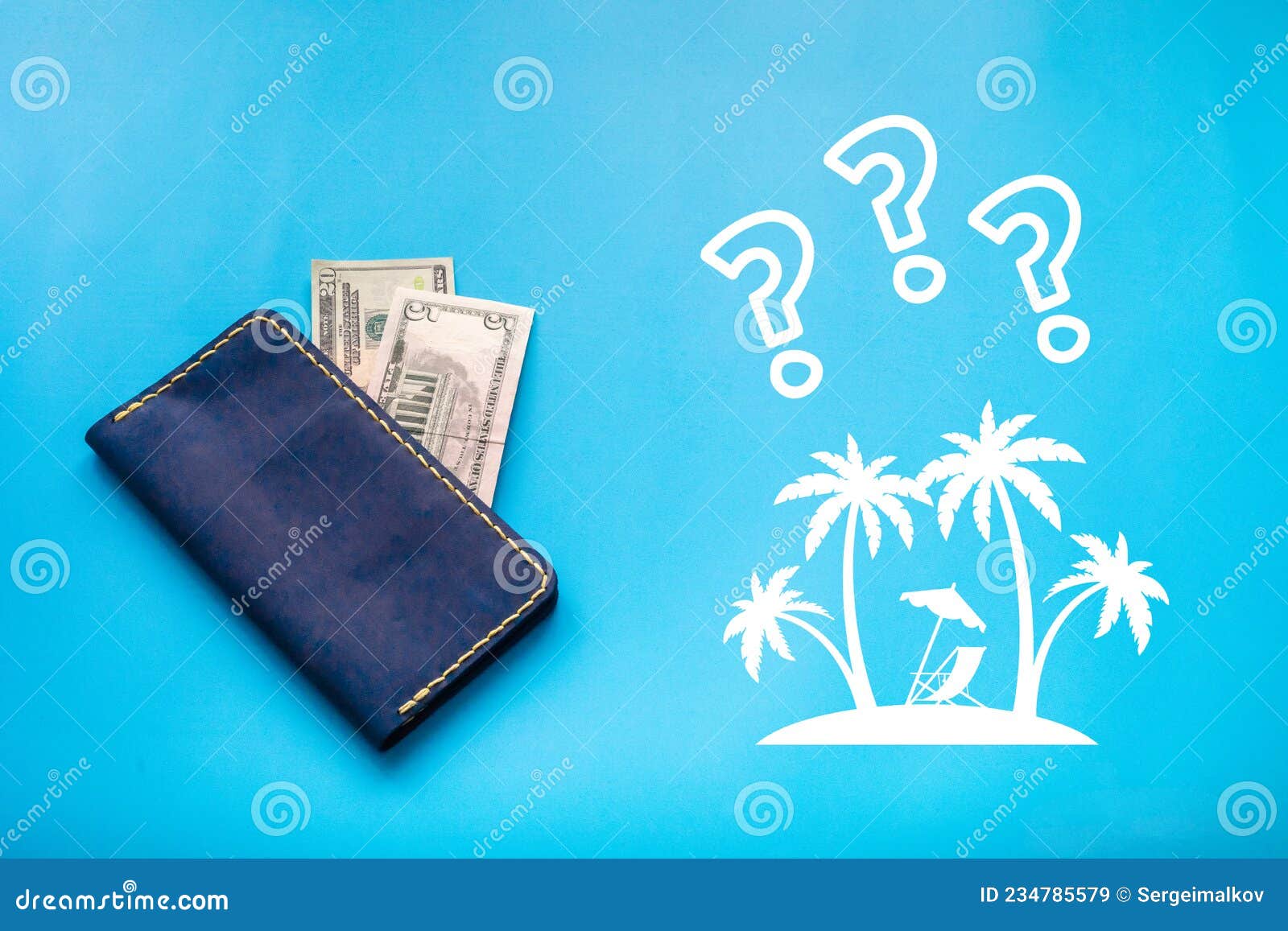 Wallet with Money on a Blue Background. White Symbols and Question Mark ...