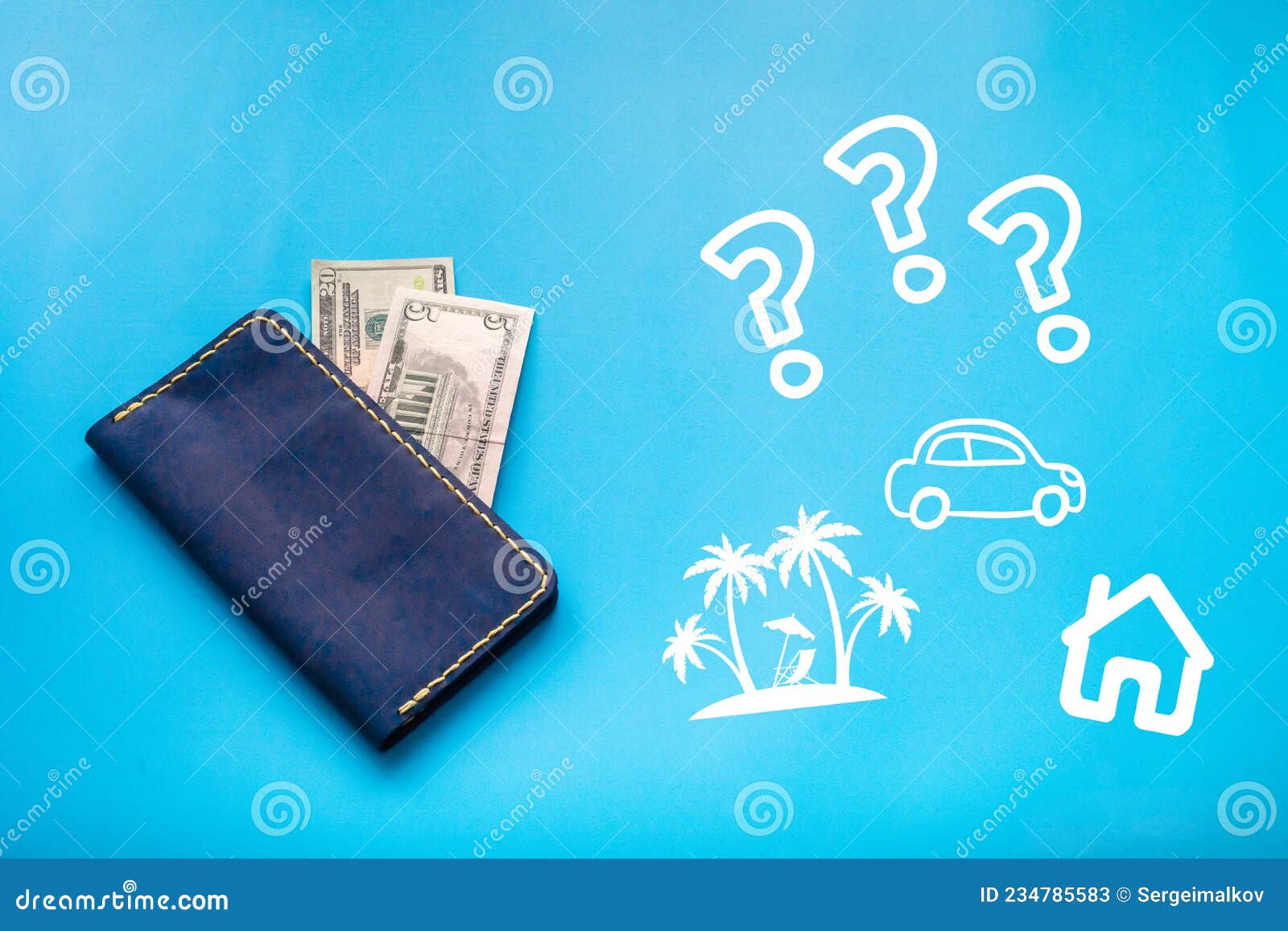 Wallet with Money on a Blue Background. White Symbols and Question Mark ...