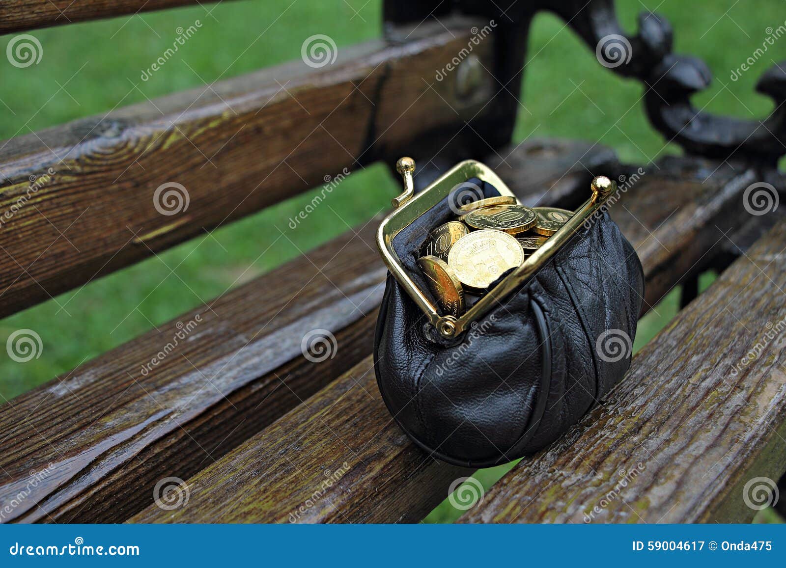 Wallet with Money Found on a Park Bench. Stock Image - Image of coin ...