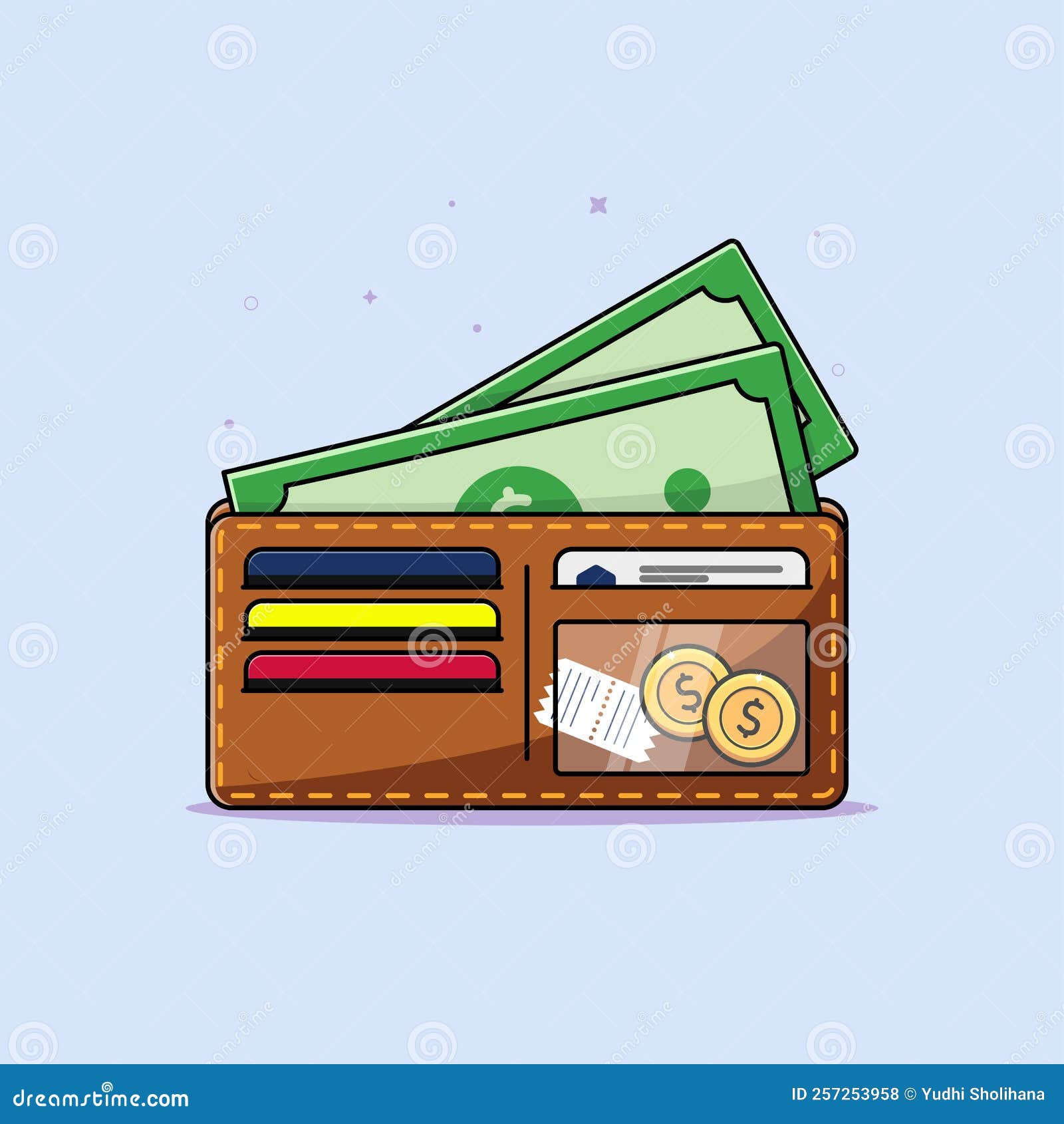 Wallet and stack of money stock vector. Illustration of leather - 257253958
