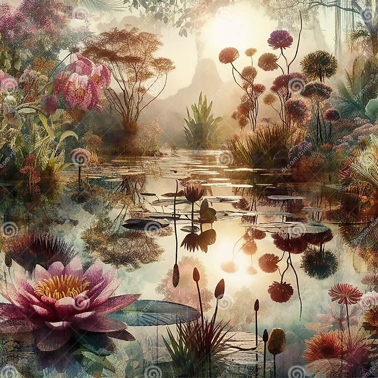 Wallpaper with Abstract Flowers with Reflection Stock Illustration ...