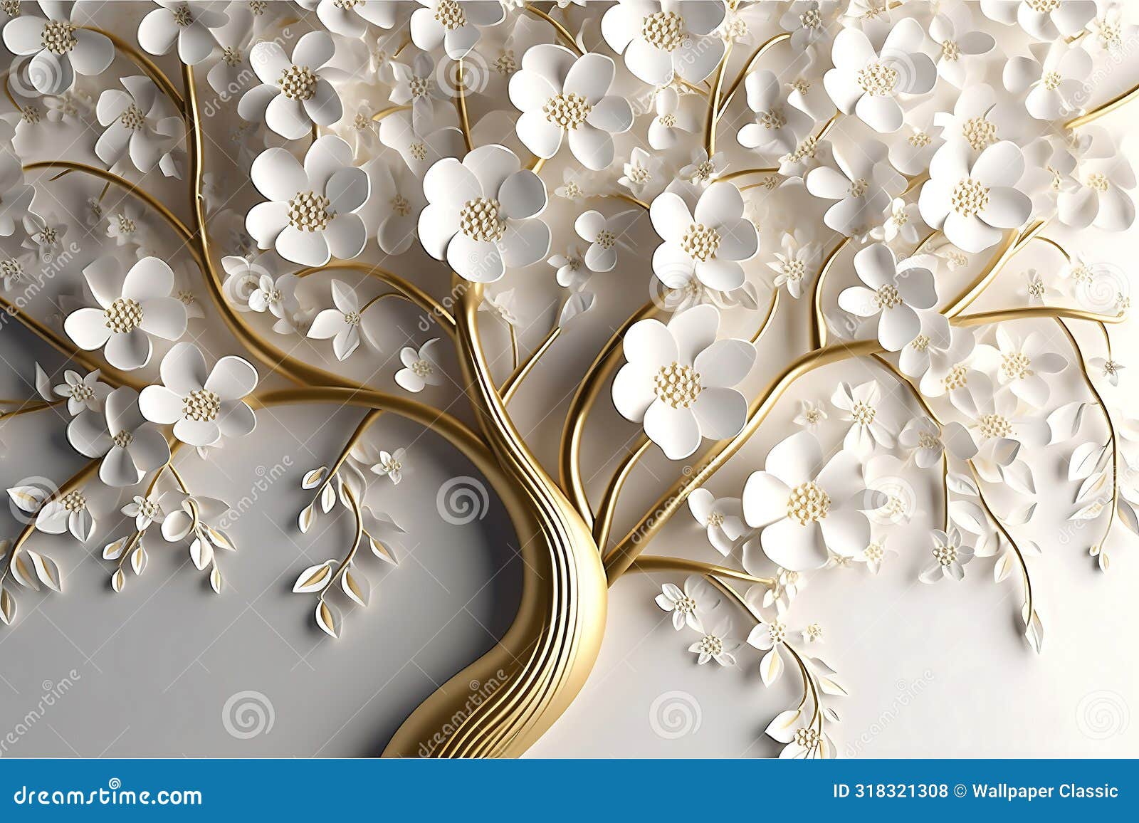 Wallpaper 3d Classic Tree Flowers White and Gold Ai Generator Stock ...