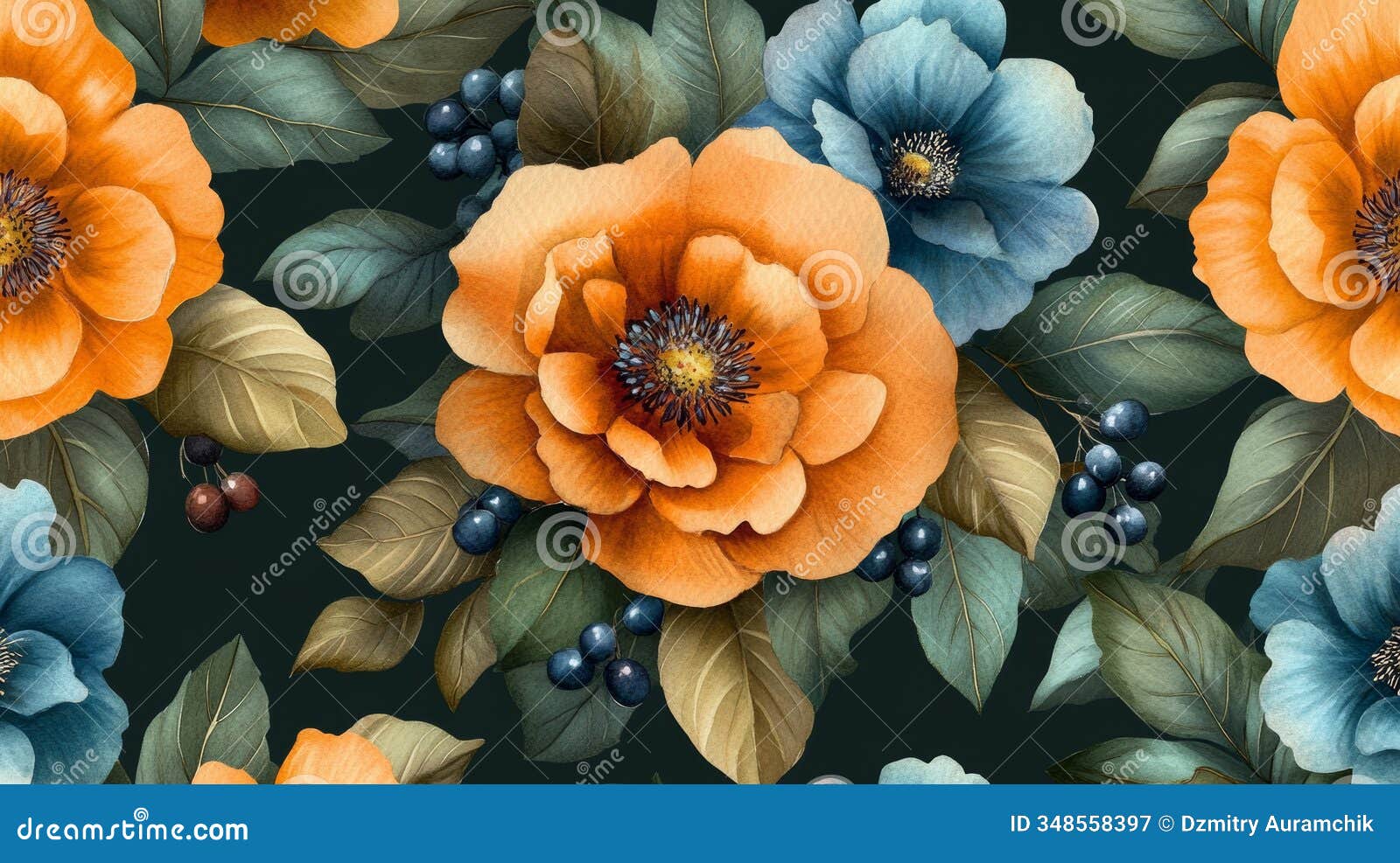 A Wallpaper Featuring Blue and Orange Flowers and Leaves Against a ...