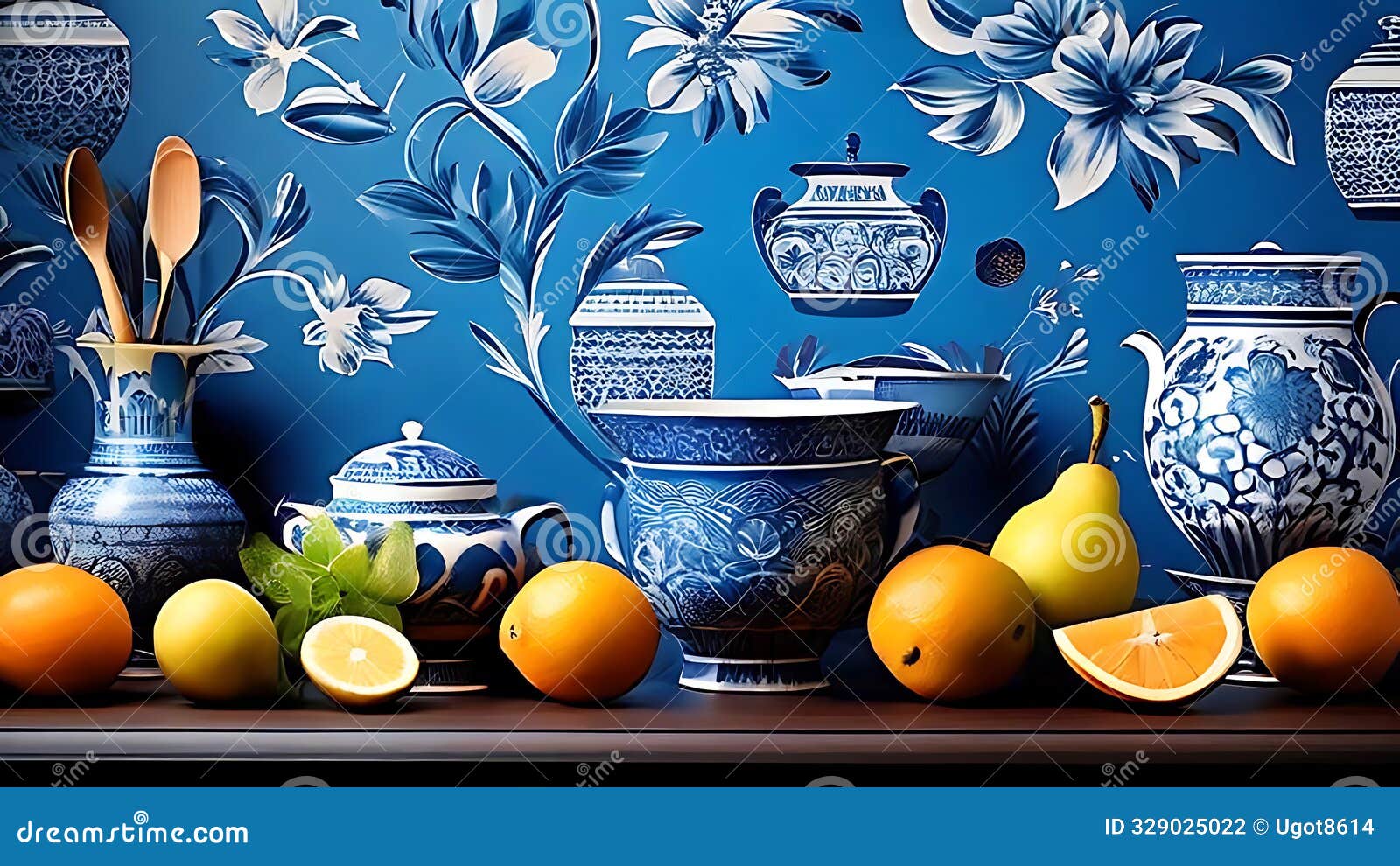 Wallpaper Featuring a Pattern of Fruits and Kitchen Ware Stock ...