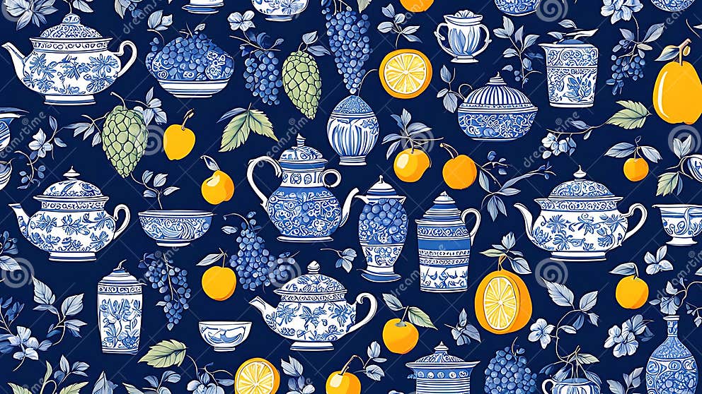 Wallpaper Featuring a Pattern of Fruits and Kitchen Ware Stock ...