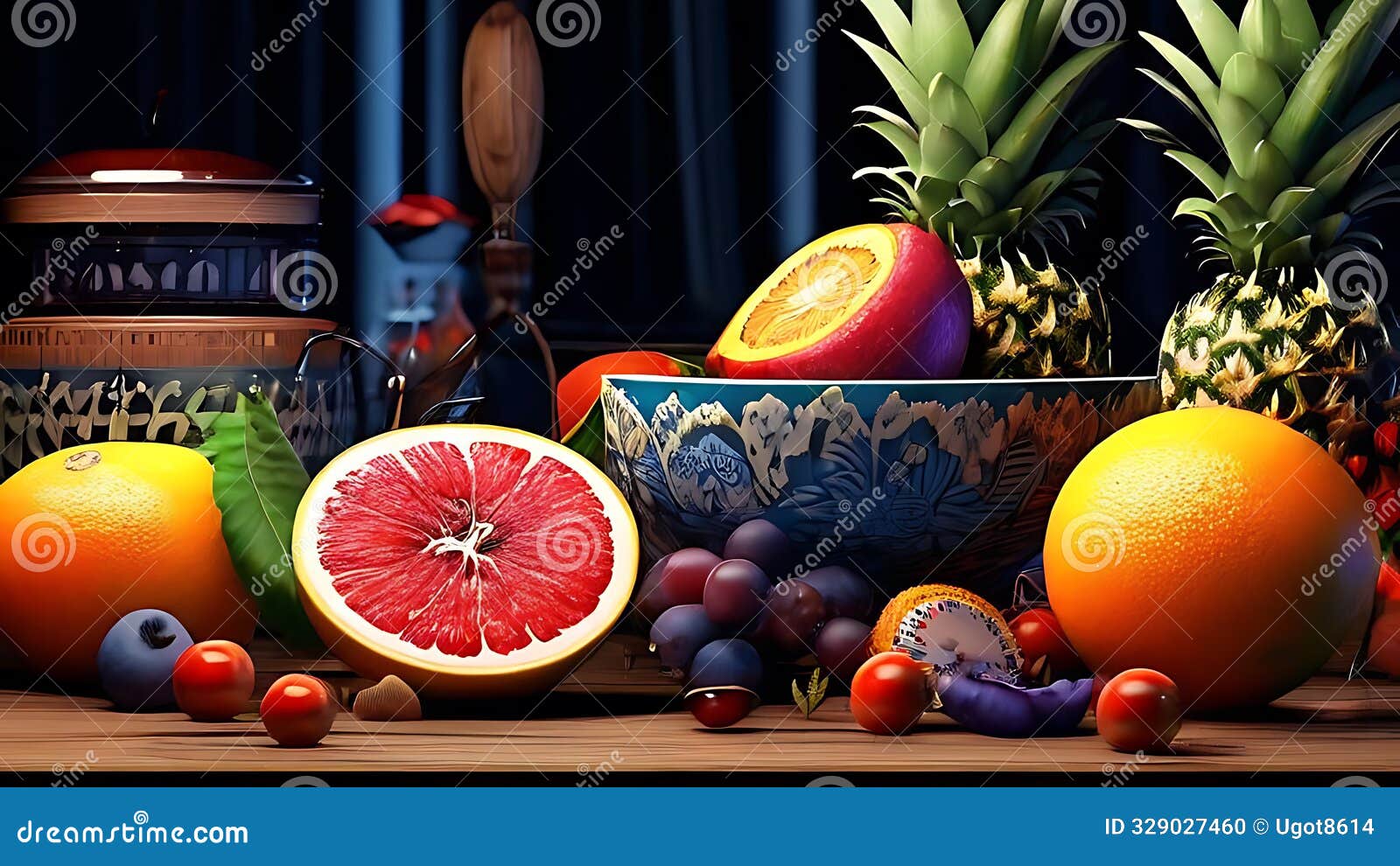 Wallpaper Featuring a Pattern of Fruits and Kitchen Ware Stock ...