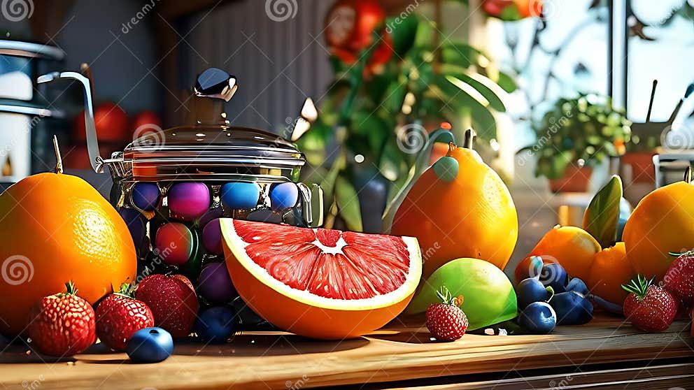 Wallpaper Featuring a Pattern of Fruits and Kitchen Ware Stock ...