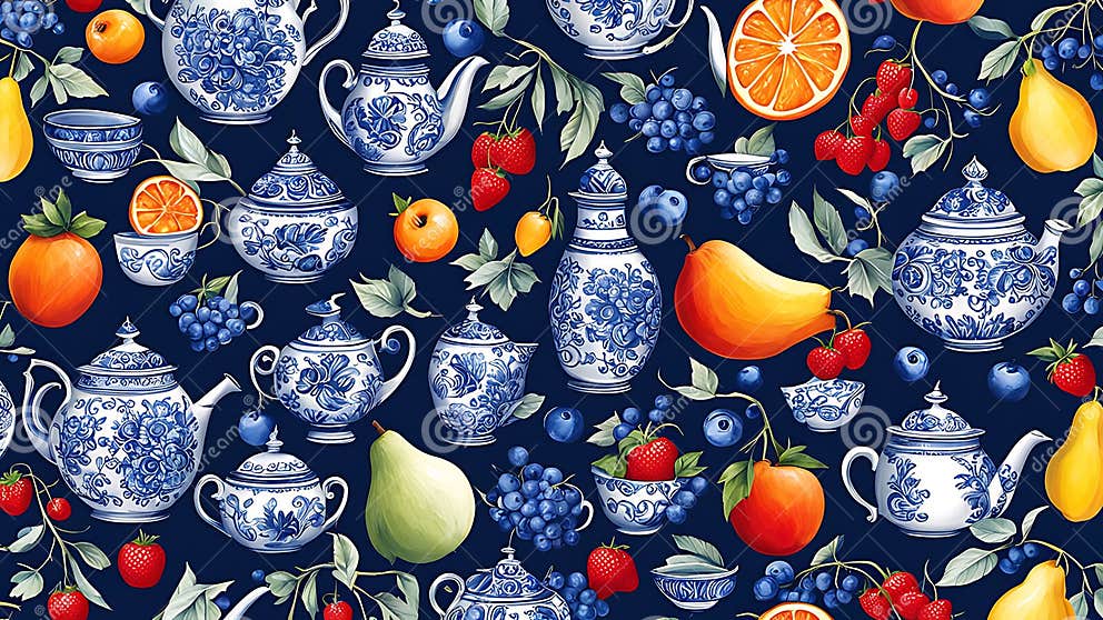 Wallpaper Featuring a Pattern of Fruits and Kitchen Ware Stock ...
