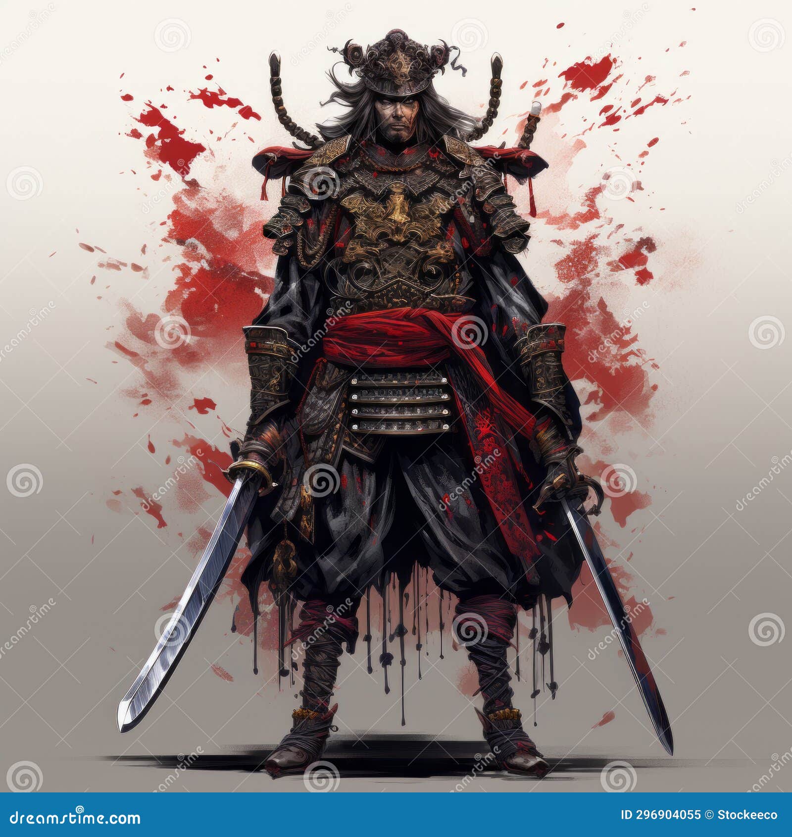 Detailed Samurai Portrait with Splatters - Dark Crimson and Gray Stock ...