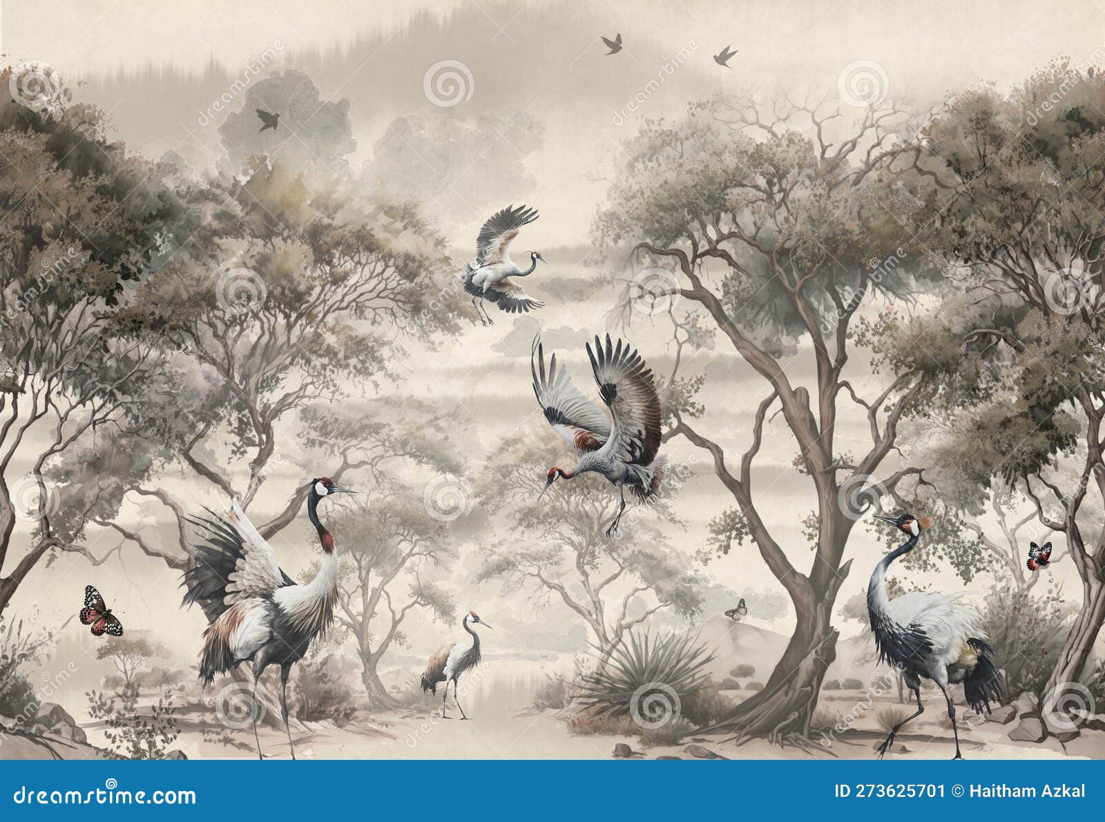 Wallpaper of a Forest Pattern of Trees with Cranes in a Landscape and ...