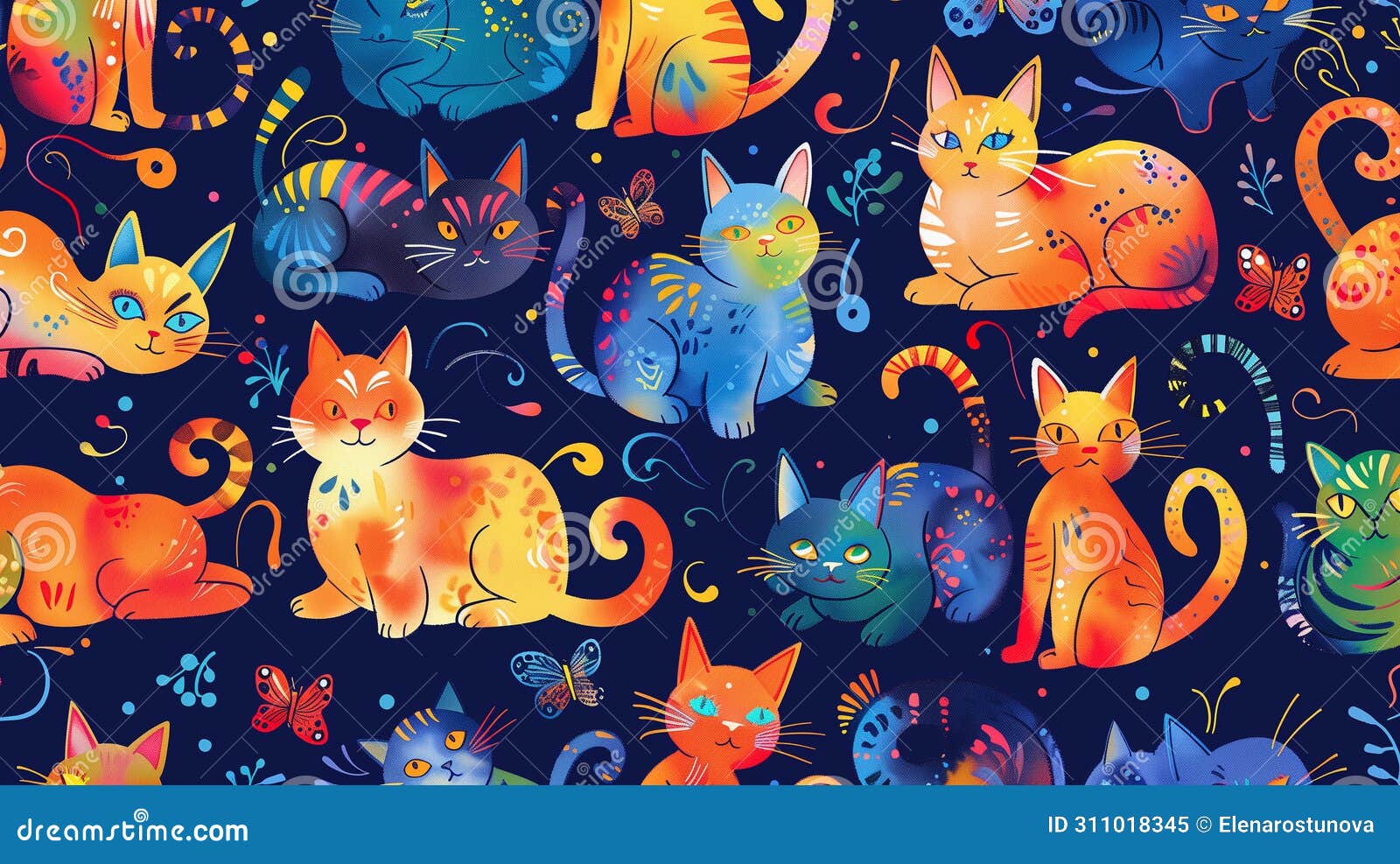 Wallpaper with Funny Colorful Cats on a Dark Background. Stock ...