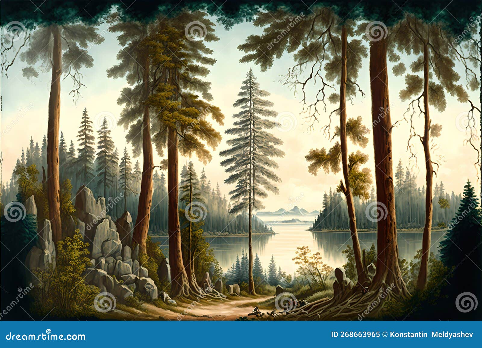Wallpaper Painted in Vintage Colors a Landscape Stock Illustration ...