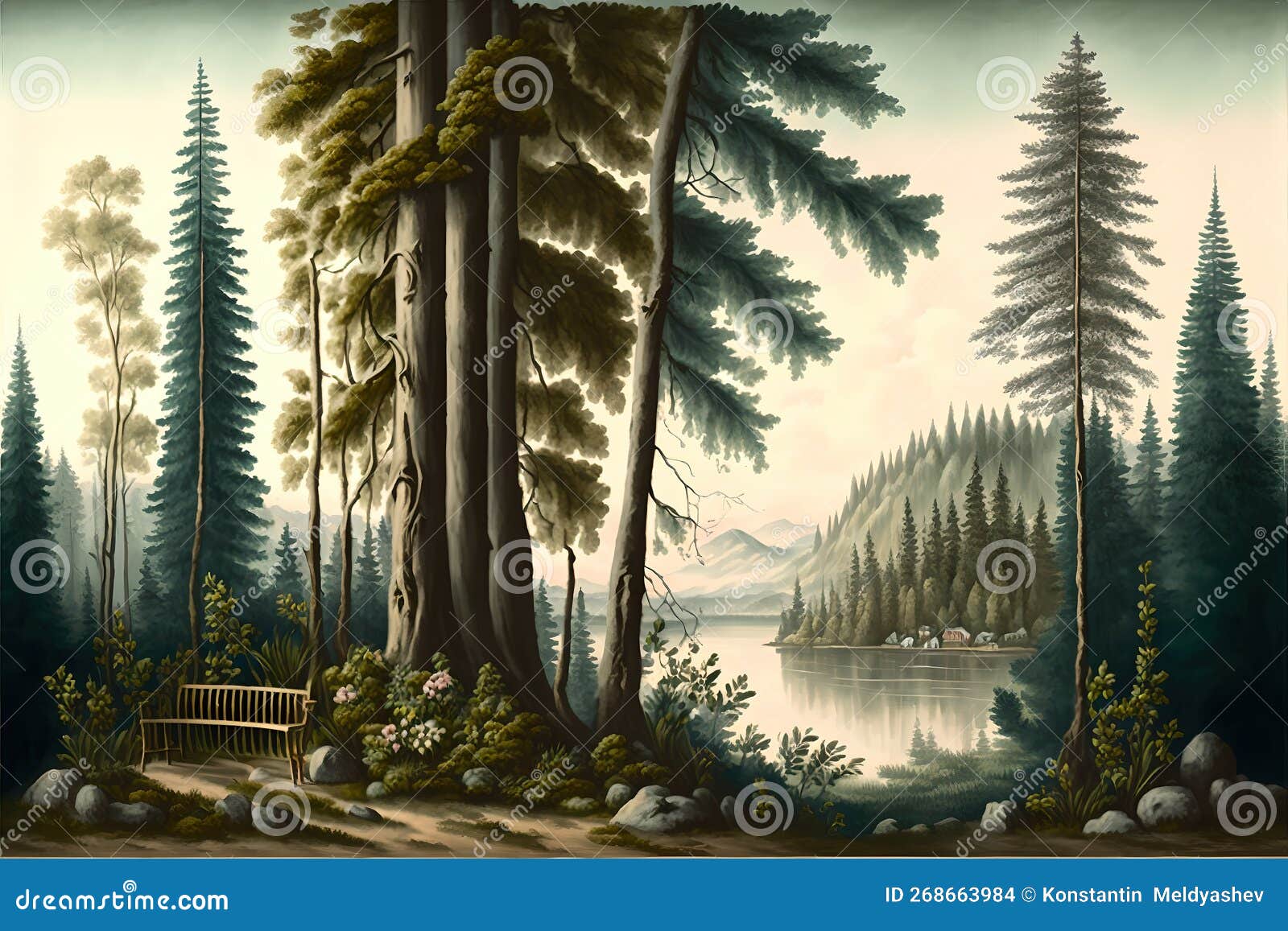 Wallpaper Painted in Vintage Colors a Landscape Stock Illustration ...