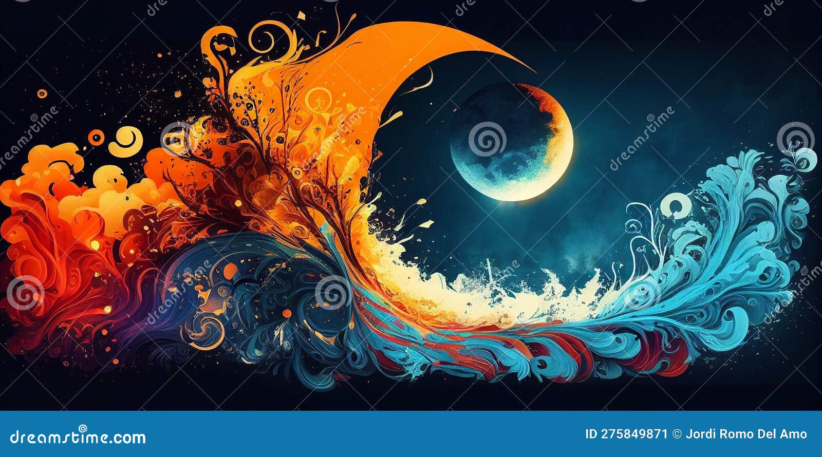 Wallpaper with the Wave and Full Moon Stock Illustration - Illustration ...