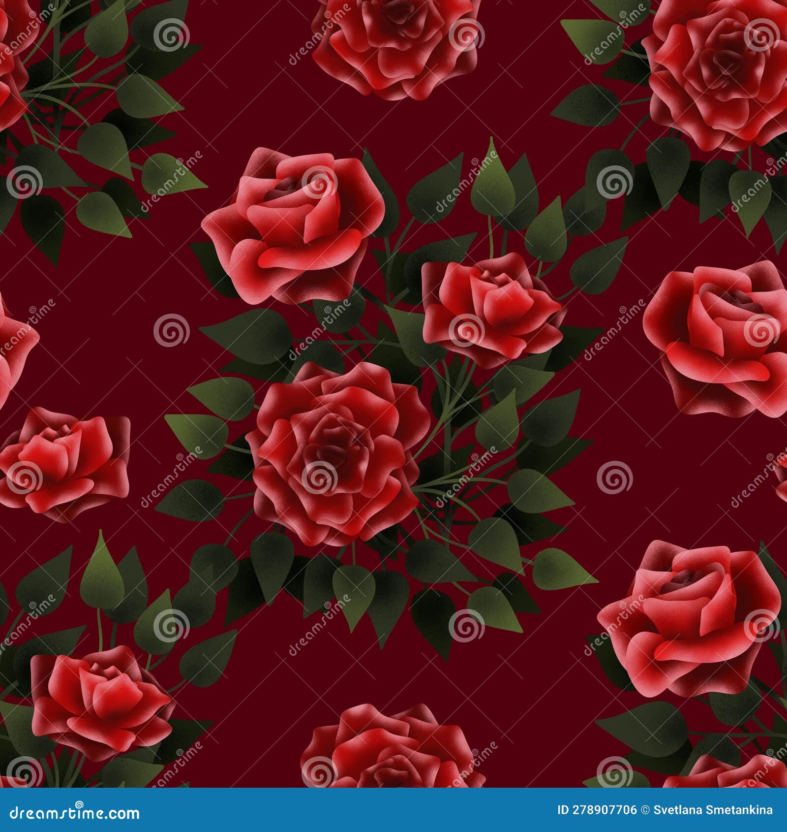 Seamless Pattern of Red Roses with Leaves on Crimson Background Stock ...