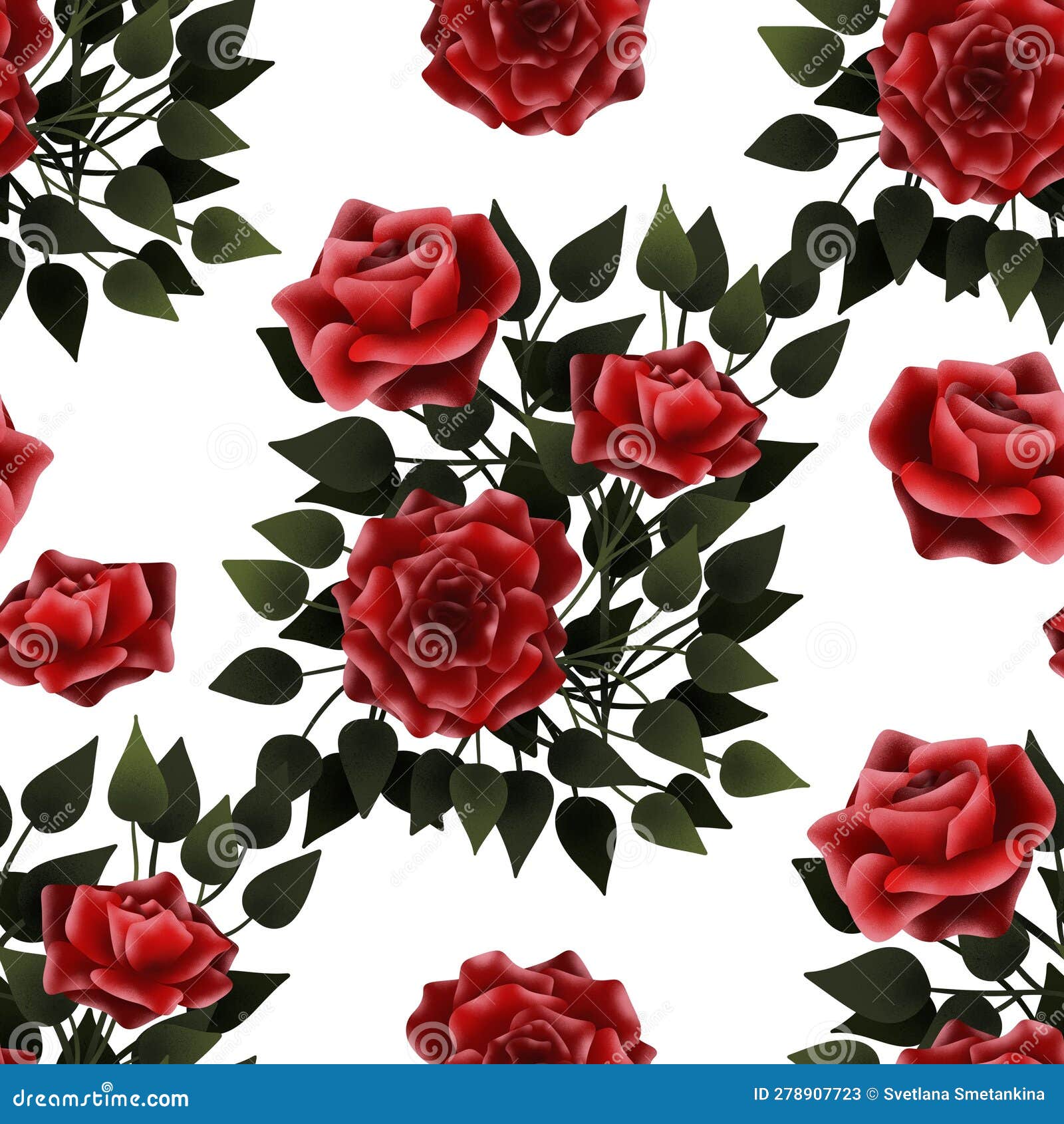 Seamless Pattern of Red Roses with Leaves on White Background Stock ...