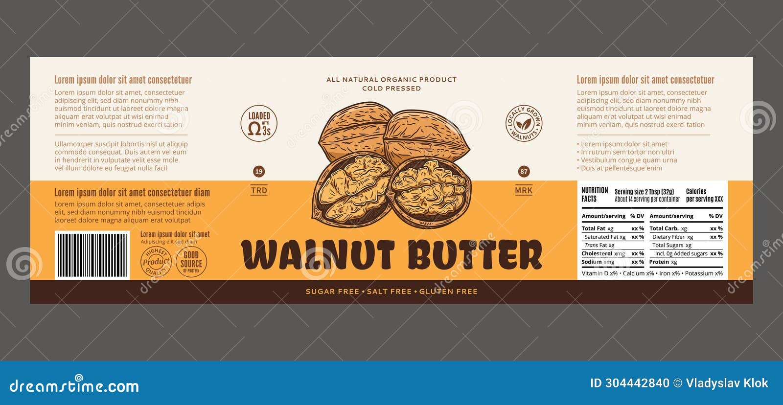 Walnut Butter Label And Packaging Design Template Vector Illustration ...