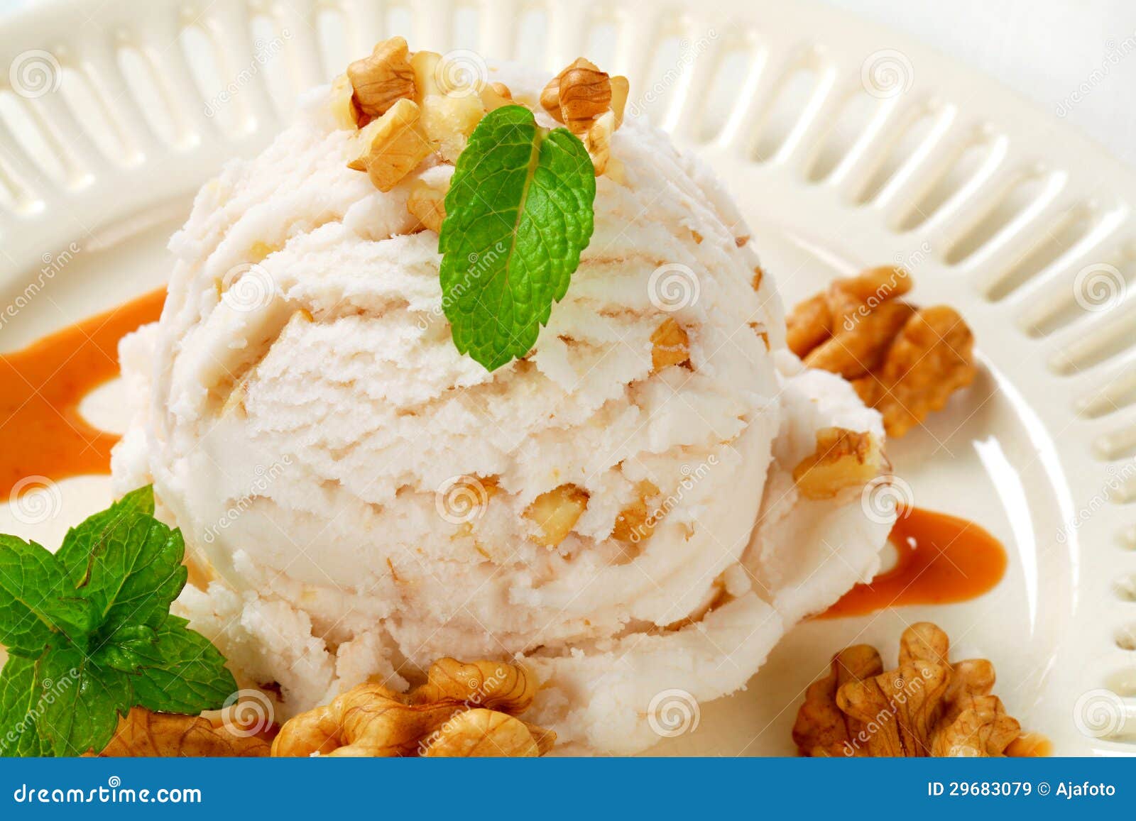 Walnut Ice Cream with Caramel Sauce Stock Image - Image of vanilla ...